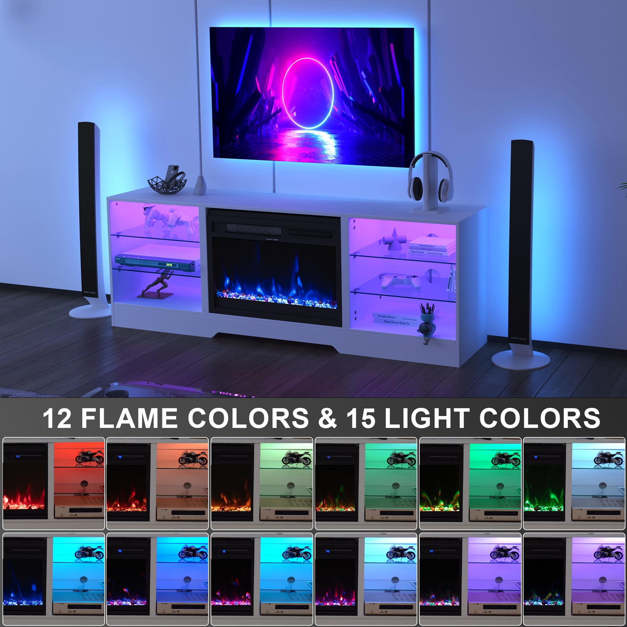 COCO DESIGN Fireplace TV Stand with 23" Fireplace, Electric Fireplace TV Console for TVs up to 75", LED Lights Wood and Glass Entertainment Center & Remote Control, White