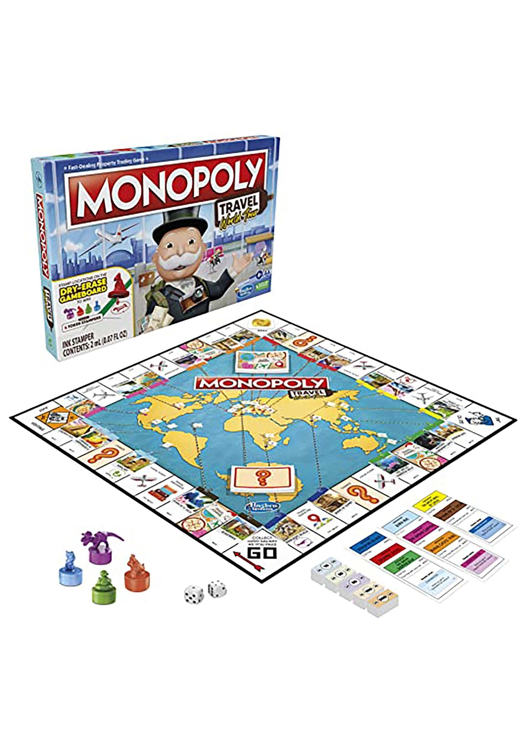 Hasbro Gaming Monopoly World Tour Board Game with Token Stampers and Dry-Erase Gameboard for Family Game Night