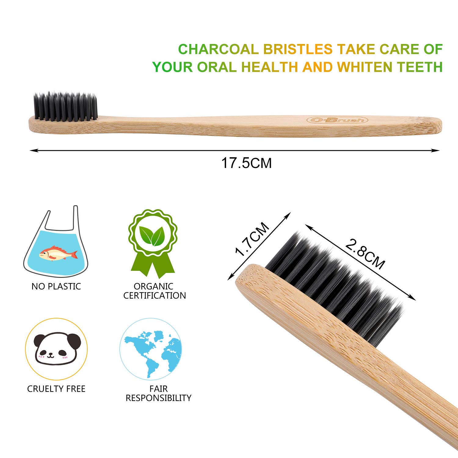 OBrush Bamboo Charcoal Toothbrush, Tooth Brush for Adult, Charcoal Bristles Bamboo Tooth Brush Biodegradable Handle with Medium Nylon Bristles ,Four Patterns,Set of 4