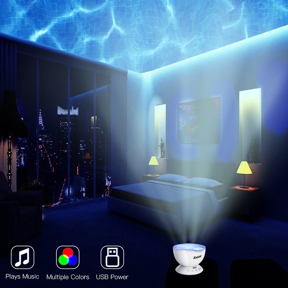 Ocean Wave Night Light Projector, Baby Lullaby Night Light with 7 Relax Light Show Projection, Music Player, Auto-Off Timer for Nap-time for Baby Nursery, Adults and Kids Bedroom, Living Room (White)