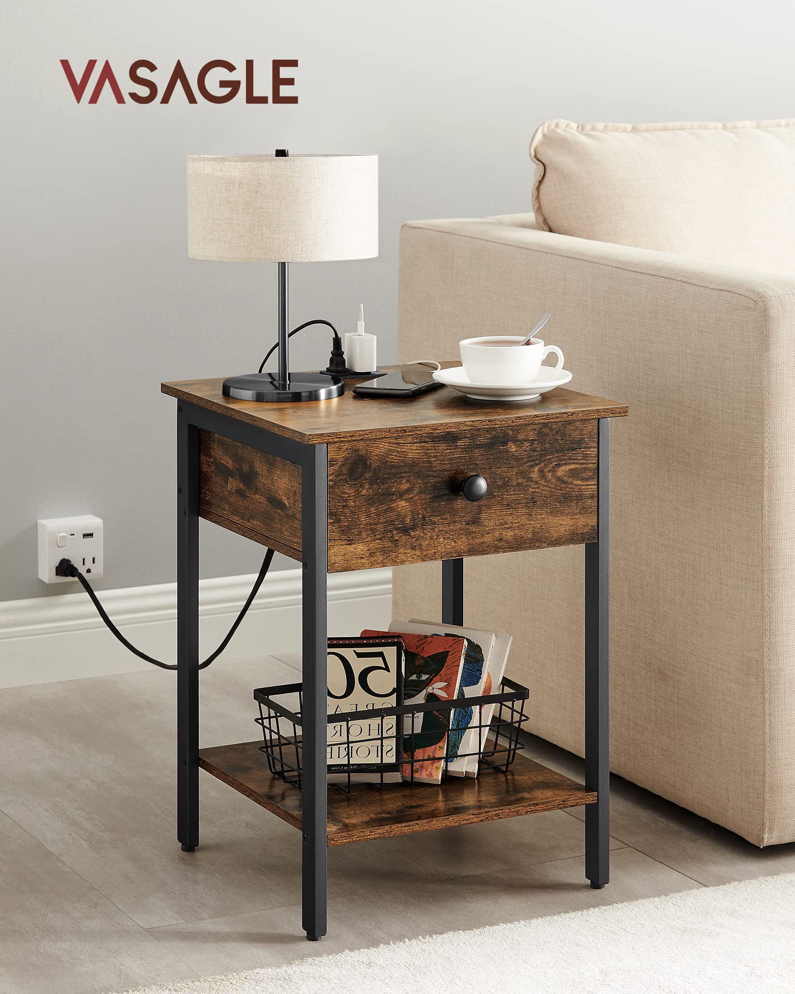 VASAGLE Nightstand with Charging Station, Side Table with Drawer and Open Shelf, End Table, for Bedroom, Easy Assembly, Industrial, Plug-in Series, Rustic Brown and Black ULET513B01