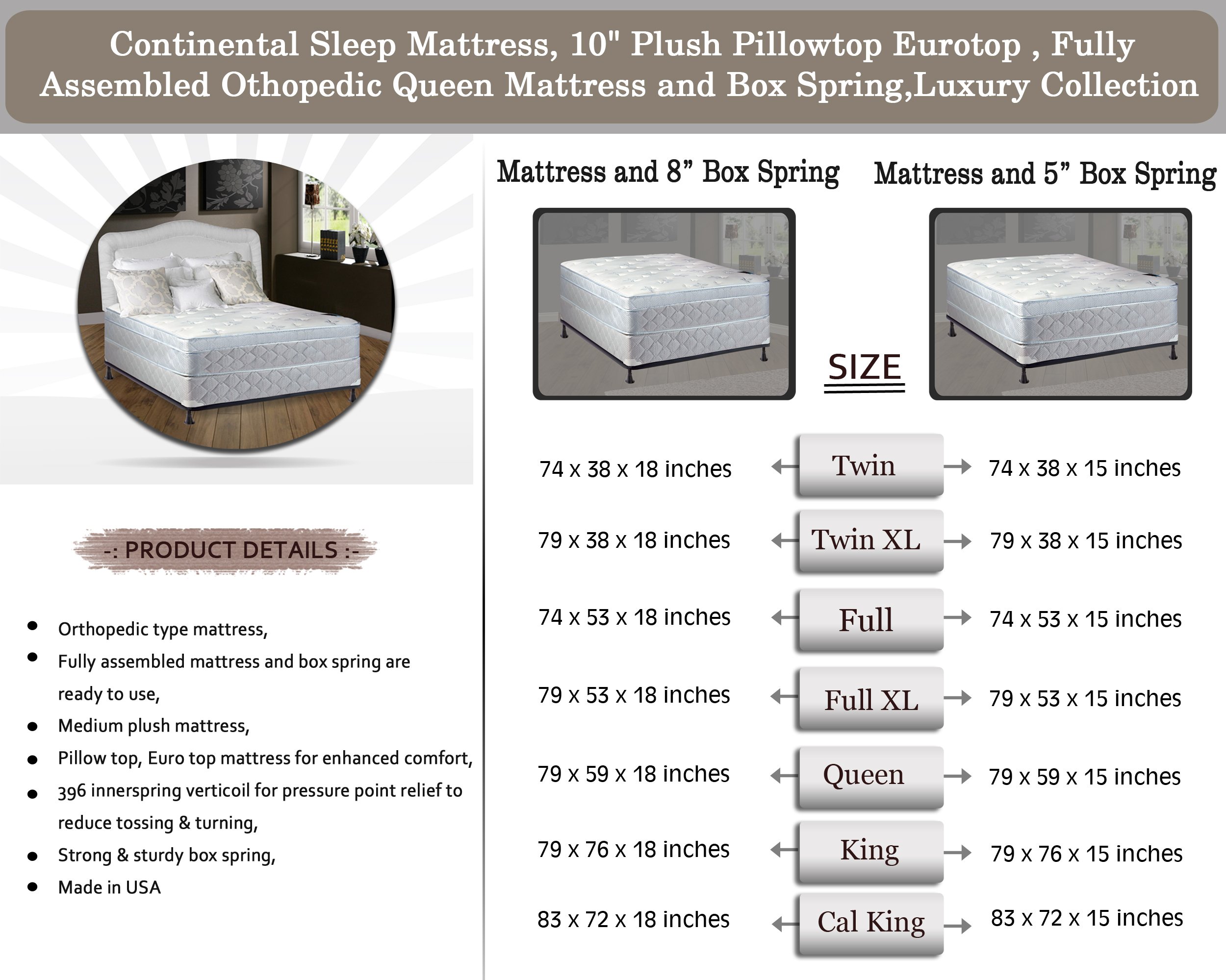 Continental Sleep 10-Inch Plush Foam Encased Hybrid Eurotop Innerspring Mattress and 8" Wood Boxspring/Foundation Set, Full XL