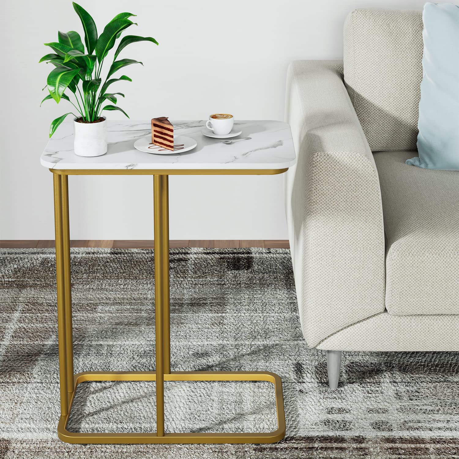 C Shaped Side Table, Small End Table, Modern Simplicity Waterproof Marble Pattern Coffee Table with Steel Frame for Living Room, Bedroom (White)