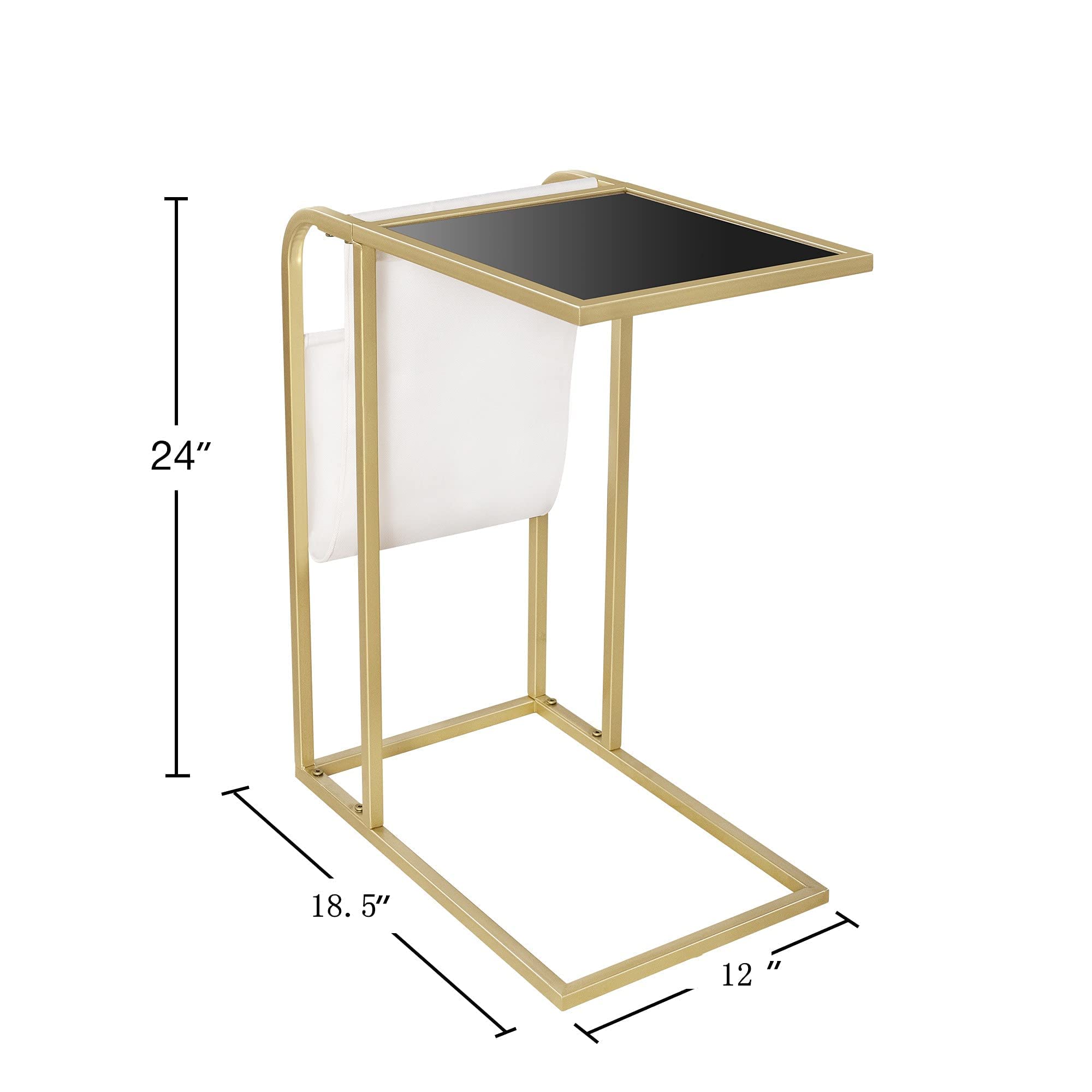 HAWOO Rectangle Nightstand, C Shaped End Snack Side Table Slide Under Couch with Glass Top and Storage for Sofa Coffee Laptop Living Room Bedroom Small Space, 18.5" L x 12" W x 24" H