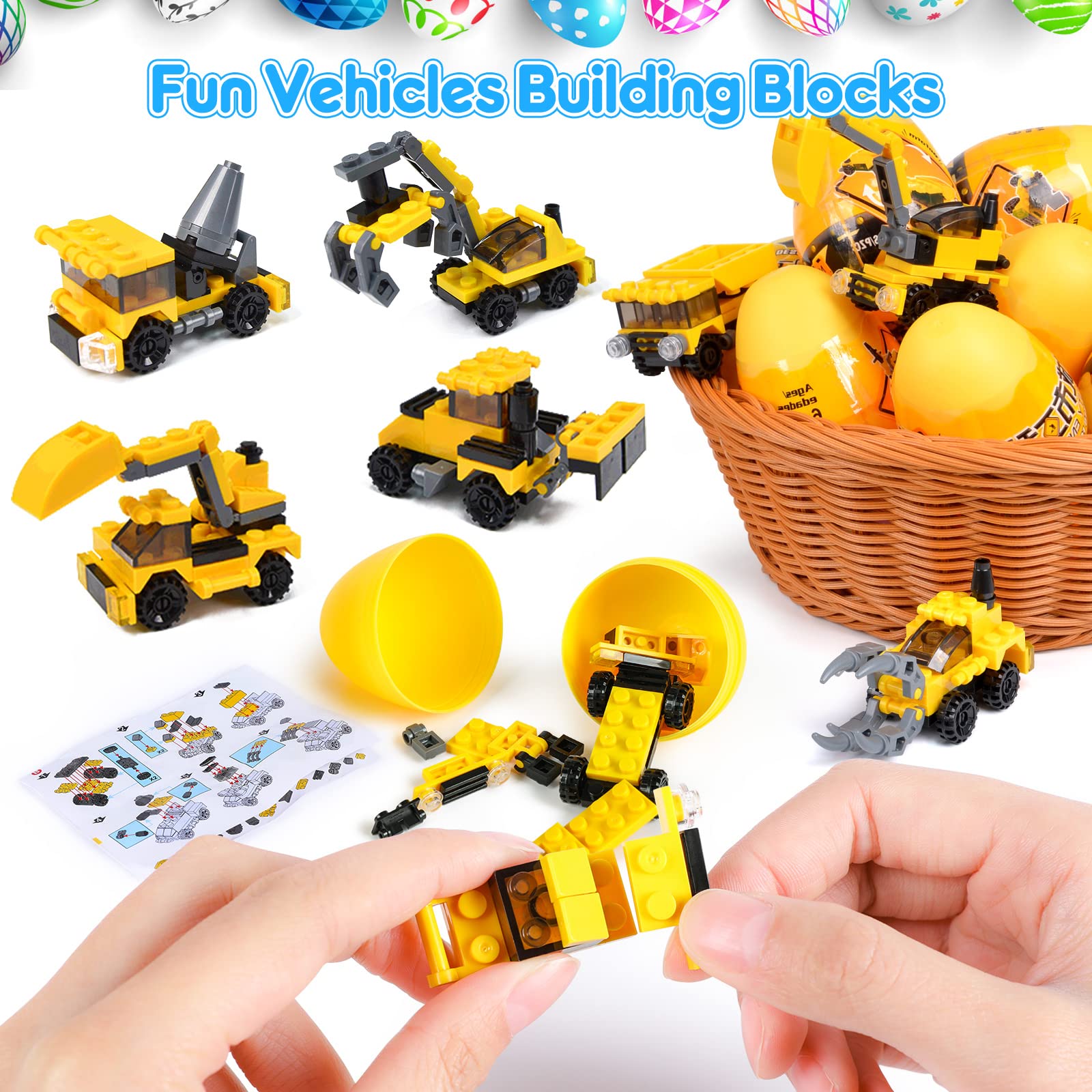 EZIGO Easter Eggs Fillers with Construction Vehicles Building Blocks, 12 Pack Bulk Toy, Basket Stuffers Easter Party Favors Supplies Classroom Prize Easter Hunts Gift for Kids