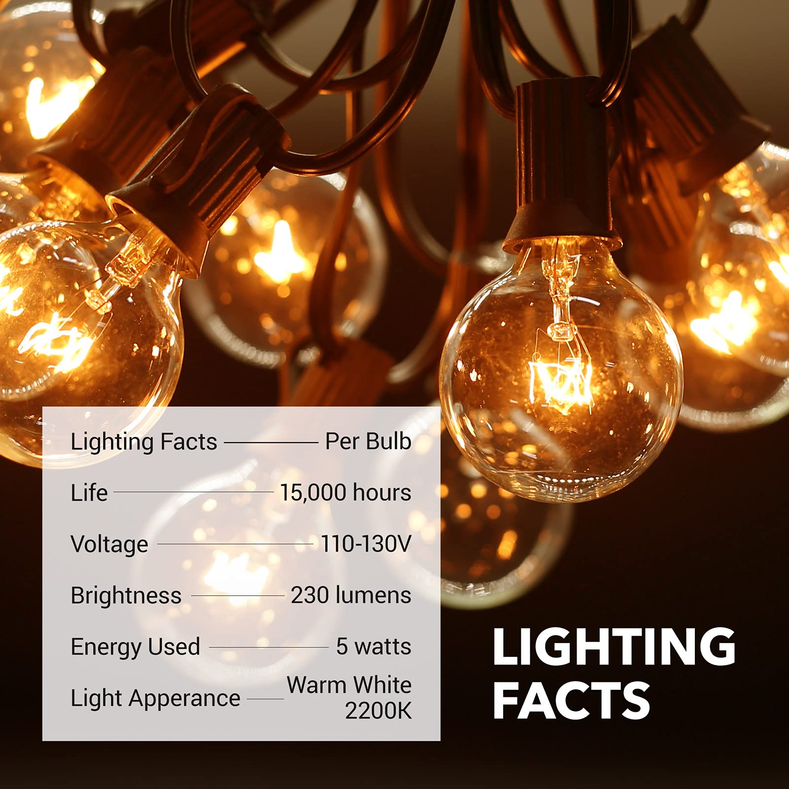 HBN 25ft Outdoor String Lights-Outdoor Incandescent String Lights, 27 G40 Bulbs (2 Spare) 5W 2200K Warm White, Connectable & Dimmable, IP44 Waterproof-Garden/Backyard/Patio/Porch/Courtyard/Café