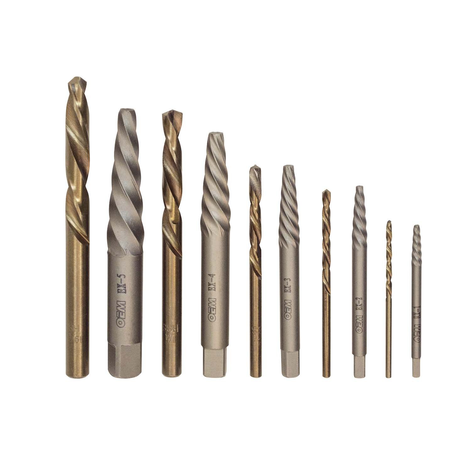 OEMTOOLS 24373 10-Piece Spiral Extractor and Drill Bit Combo Pack, Take The Hassle Out of Removing Broken Bolts with These Extractor Drill Bits, for Metal Bolts Used in Auto Repair & Construction