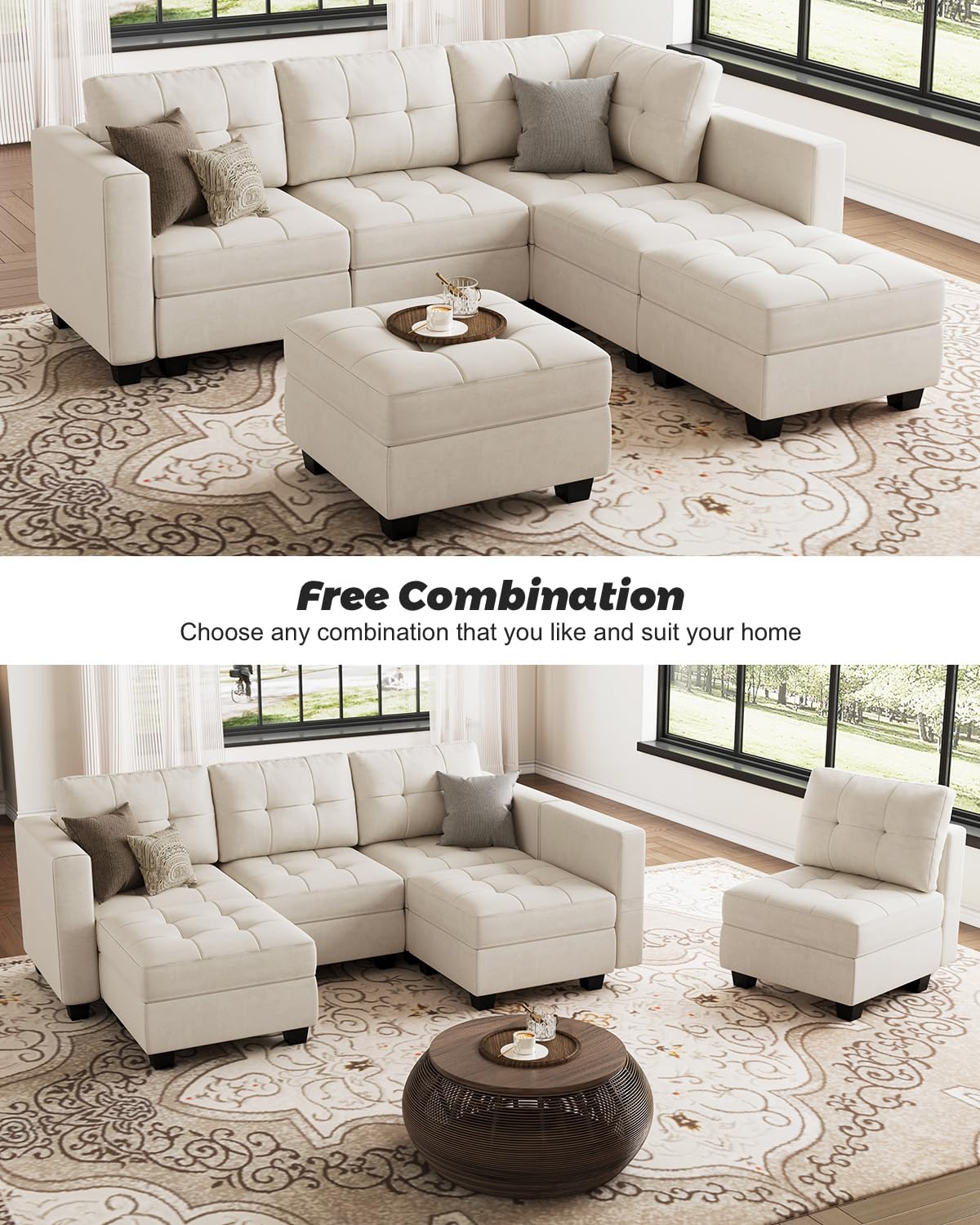 Belffin U-Shaped Modular Sectional Sofa, Couch with Storage Seats, Convertible Sofa with Reversible Chaise, Sleeper Couch for Living Room, Beige