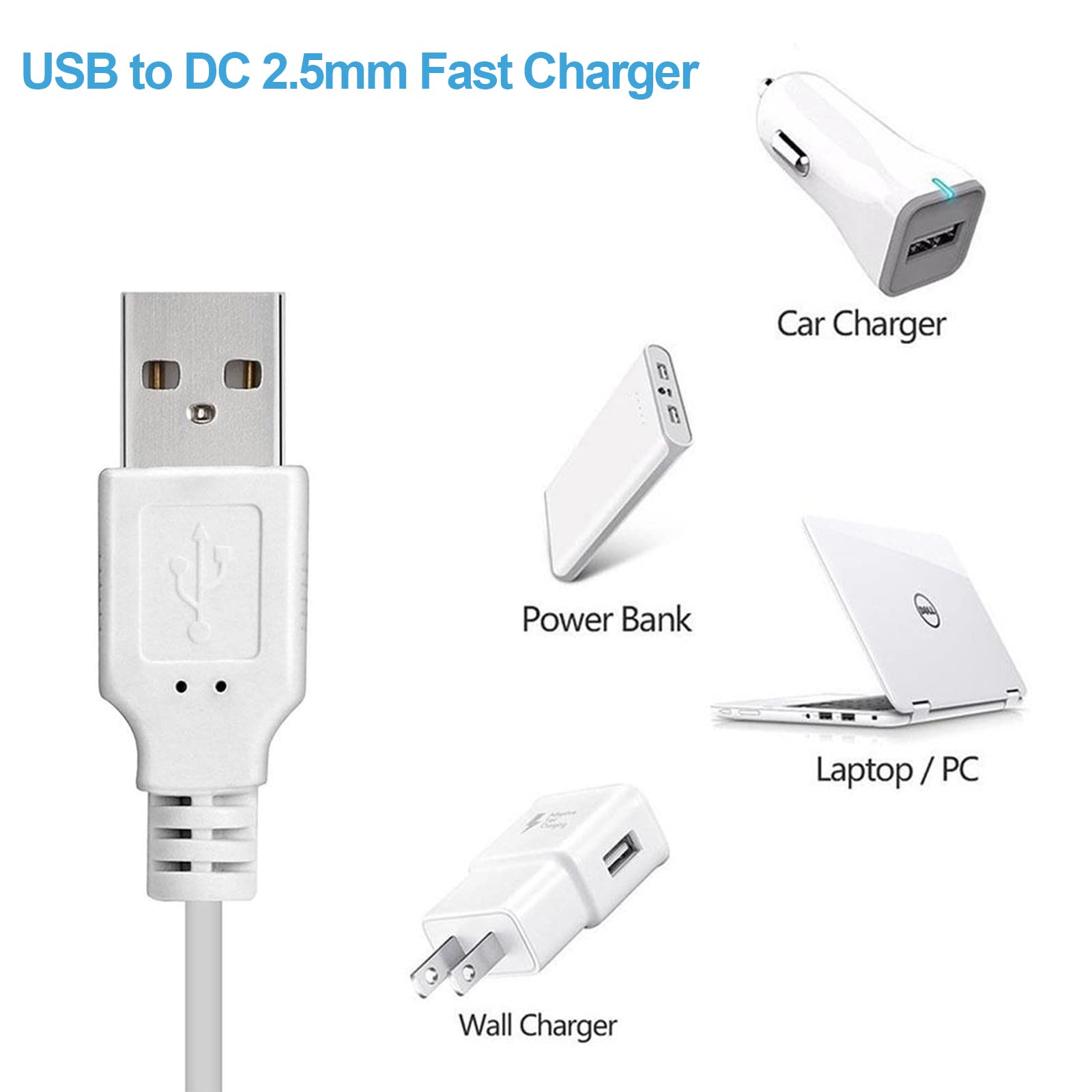 oGoDeal Replacement USB to DC Charging Cable | USB Charger Cord - 2.5mm - Original Replacement (2 Pack White)