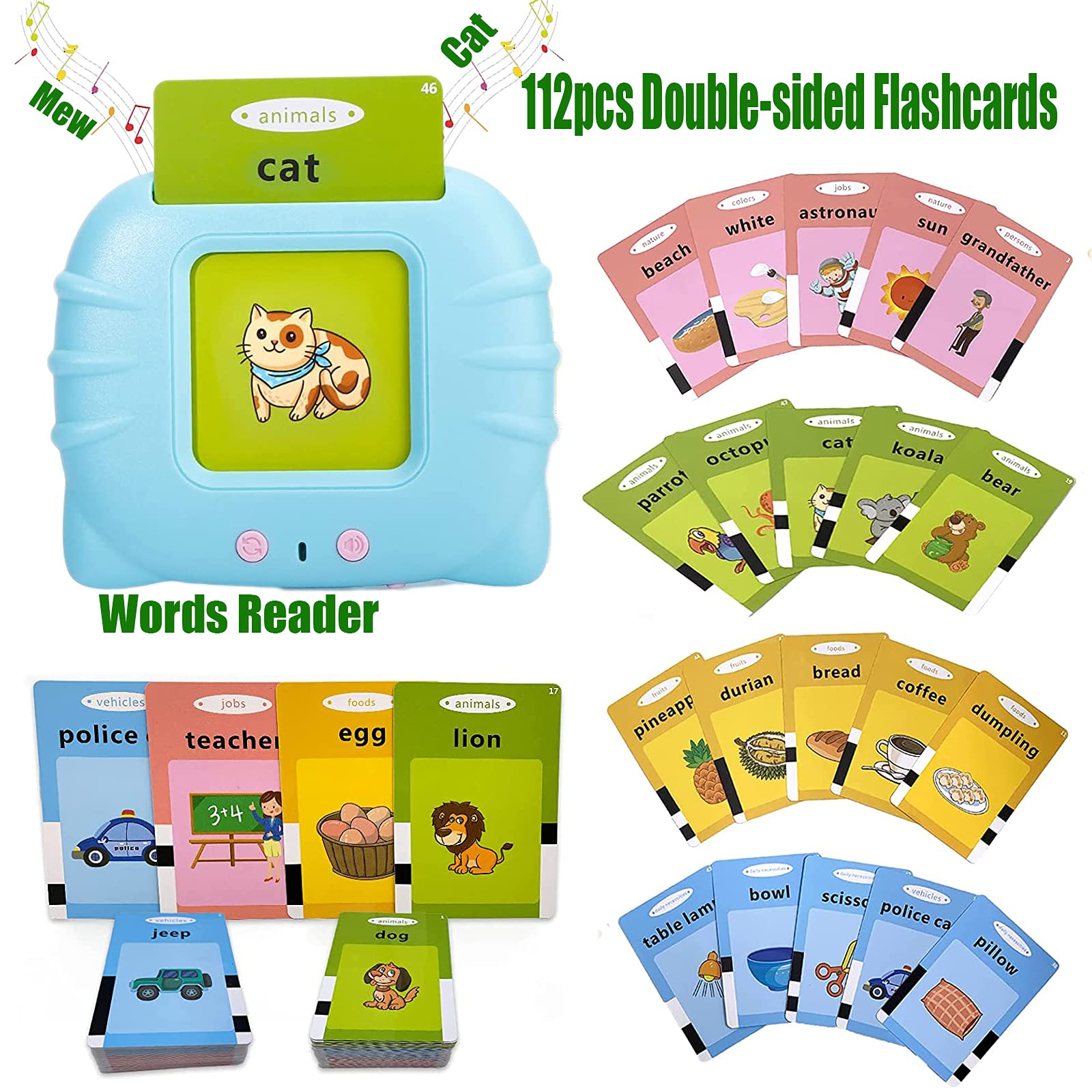 Educational Toddler Toy Flashcards Device,WONFAST 112PCS Double-Sided Illustrations Words Audible Preschool Learning Flash Cards Reader for Kids Boys Girls Birthday Christmas Children Gifts (Blue-1)