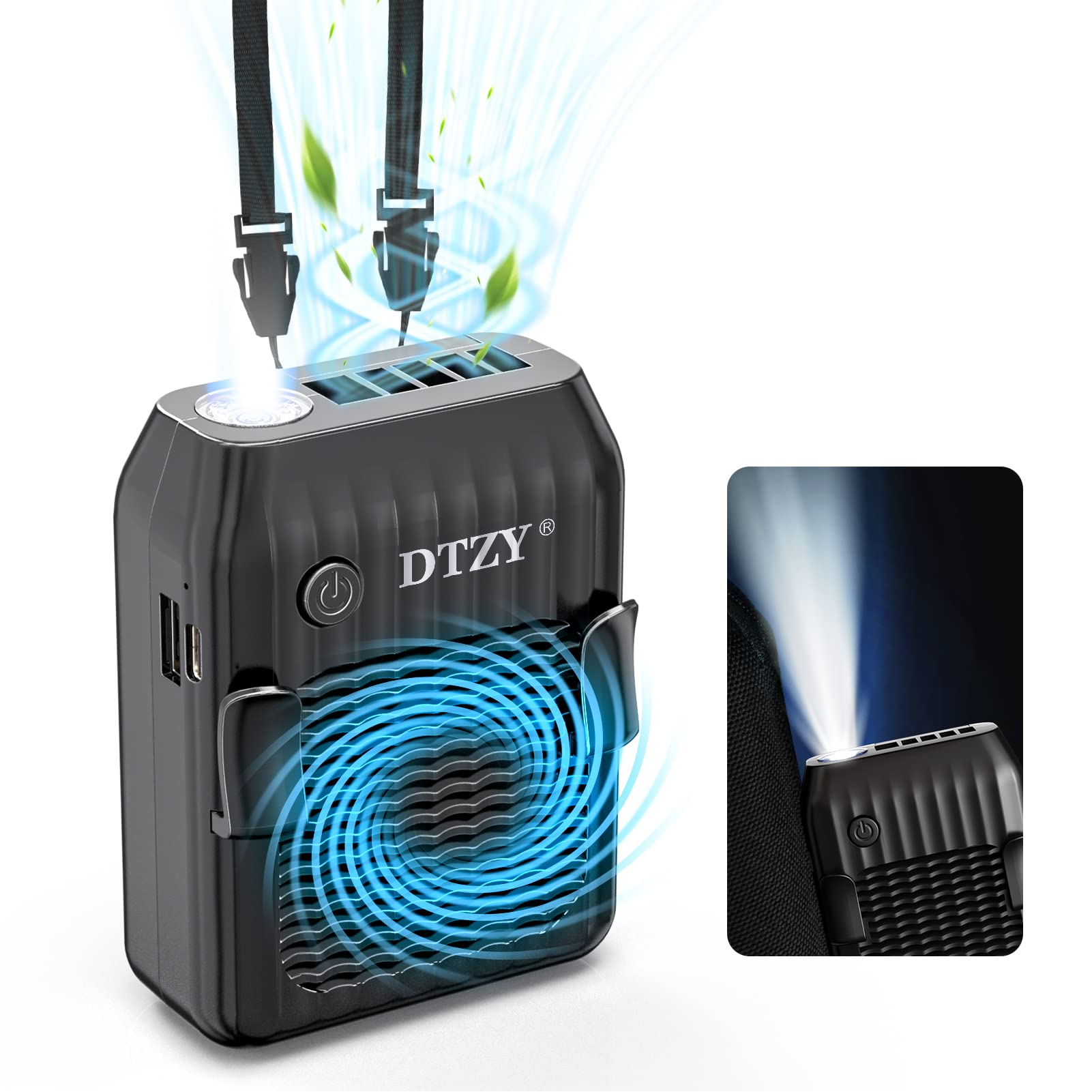 DTZY Portable Waist Clip Fan, Personal Neck Fan with Strong Light Flashlight, 6000mAh Rechargeable Personal Fan, Hands-free USB Belt Fan for Outdoor Works, Sports, Camping, Hiking
