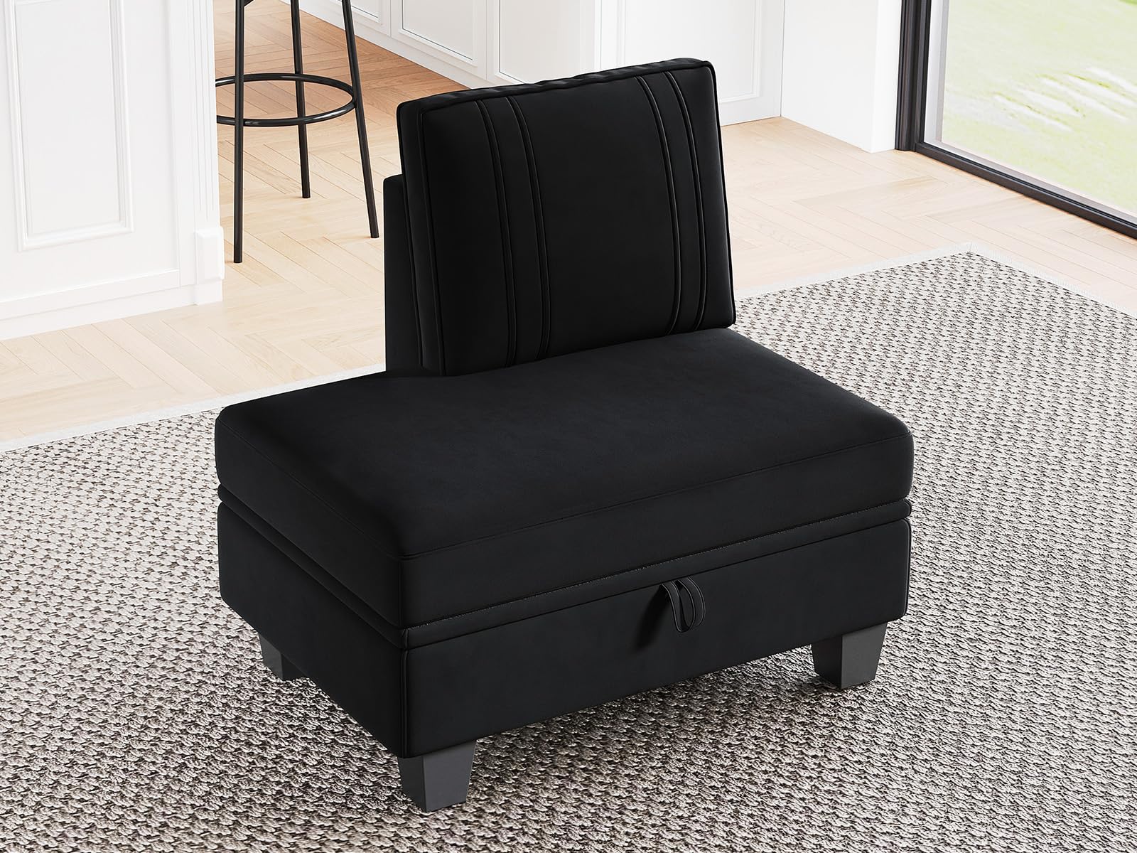Belffin Velvet Convertible Storage Chaise Ottoman with Back Side for Velvet Sectional Sofa Black