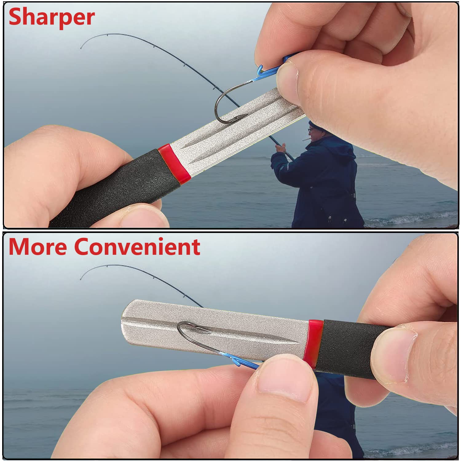 Armiika Fish Hook Sharpeners, 4 Inch Portable Double Groove Fishing Hook Sharpening Hone Hook Sharpener Hook File with Handle,Double Sided Diamond Handle Fine and Medium Grit Grinding Tool