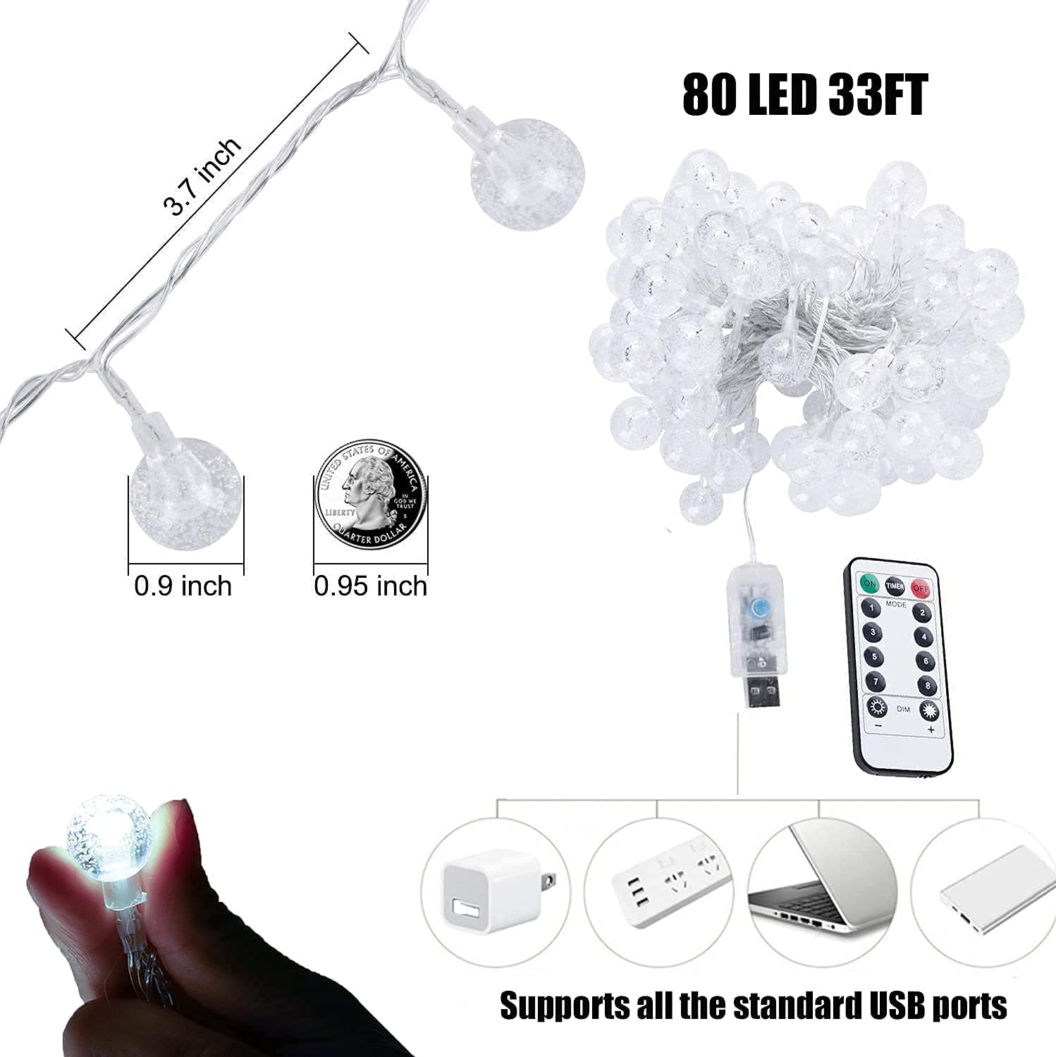 Globe String Lights Fairy Lights 33ft 80 LED String Lights for Bedroom 8 Modes USB with Remote Waterproof Indoor Outdoor Table Decor Hanging Lights Home Patio Garden Wedding Party Decor,Cool White