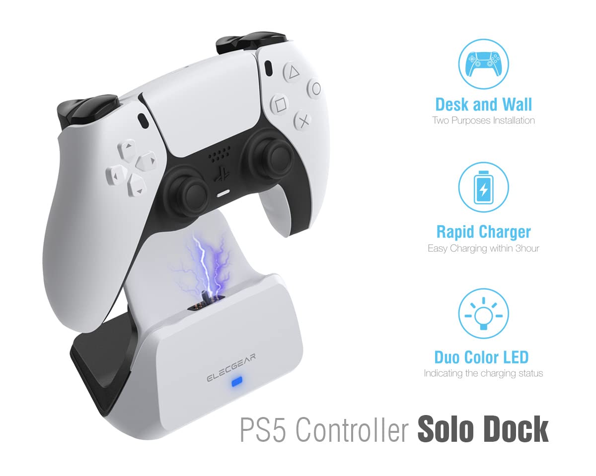 ElecGear Solo Charging Dock for PS5 Controller, Wall Mount and Desktop Dual Purposes USB Charger Stand Docking Station for Single Playstation 5 DualSense Wireless Controller