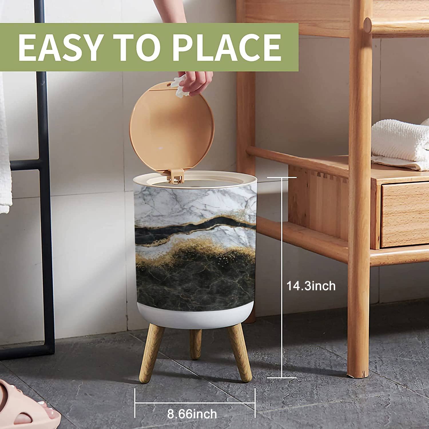 IBPNKFAZ89 Abstract marbling Black and White Marble with Golden Veins Fake Trash Can with Lid Small Garbage Bin Wood Waste Bin Press Cover Round Wastebasket for Bathroom Bedroom Kitchen 7L/1.8 Gallon