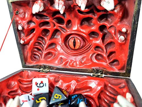 Power Beast Dungeon Mimic Chest Dice Storage Box with Glass Eye, Miniatures and Dungeons and Dragons Accessories, D&D Gift, DND, Dungeon Master, Holds up to 5 Sets of Polyhedral Dice. RPG Game. (RED)