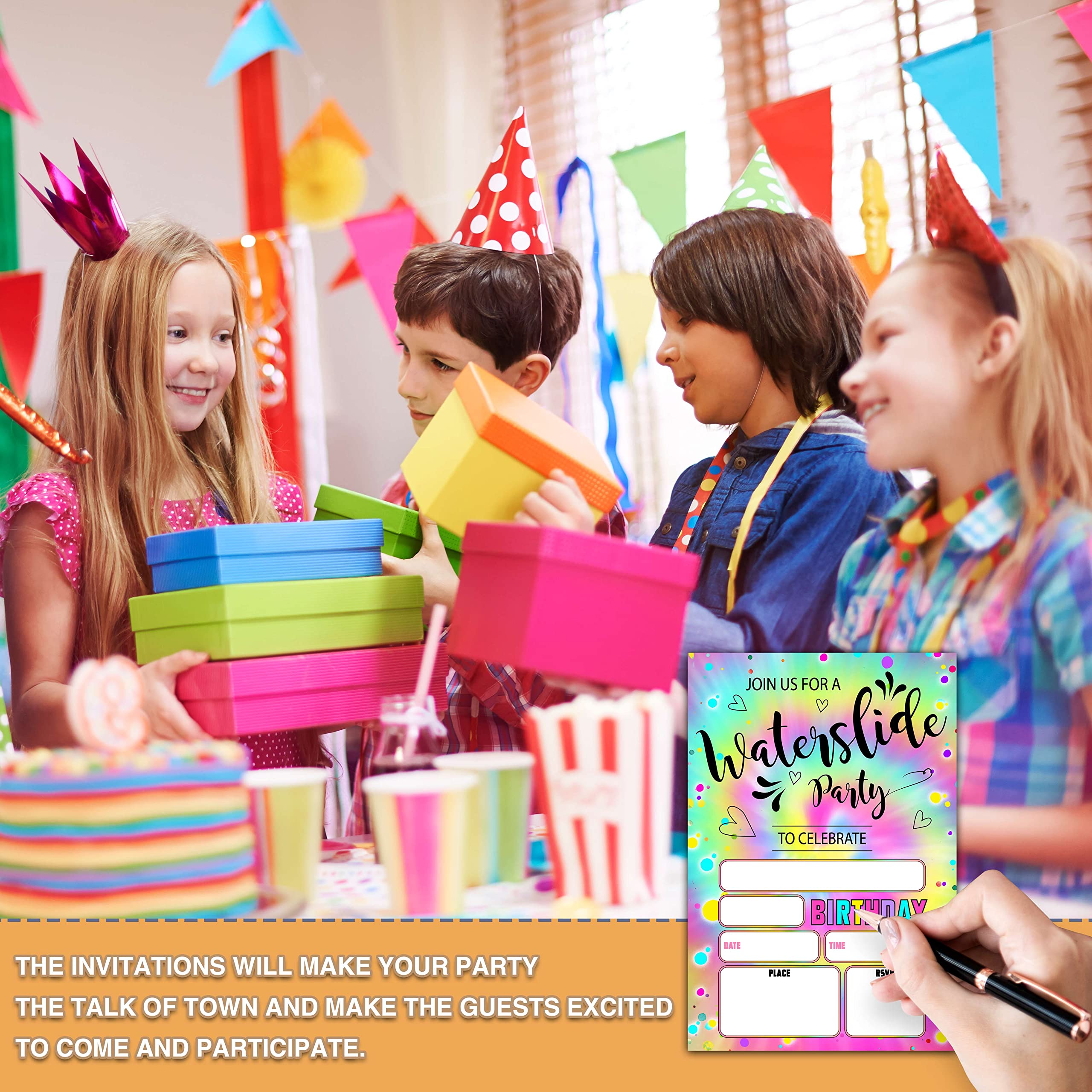 Chuxvon Waterslide Birthday Party Invitations, Summer Pool Birthday Invitation, Double-Sided Tie Dye Themed Fill In Invites, Kids Splash Birthday Party Decorations, 20 Cards With 20 Envelopes(C04)