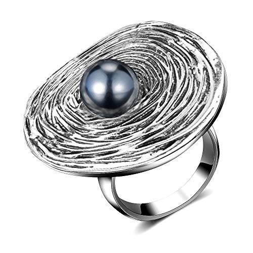 Aprilery Wide Round Surface Ring For Women Custume Vintage Black Pearl Big Bold Statement Ring
