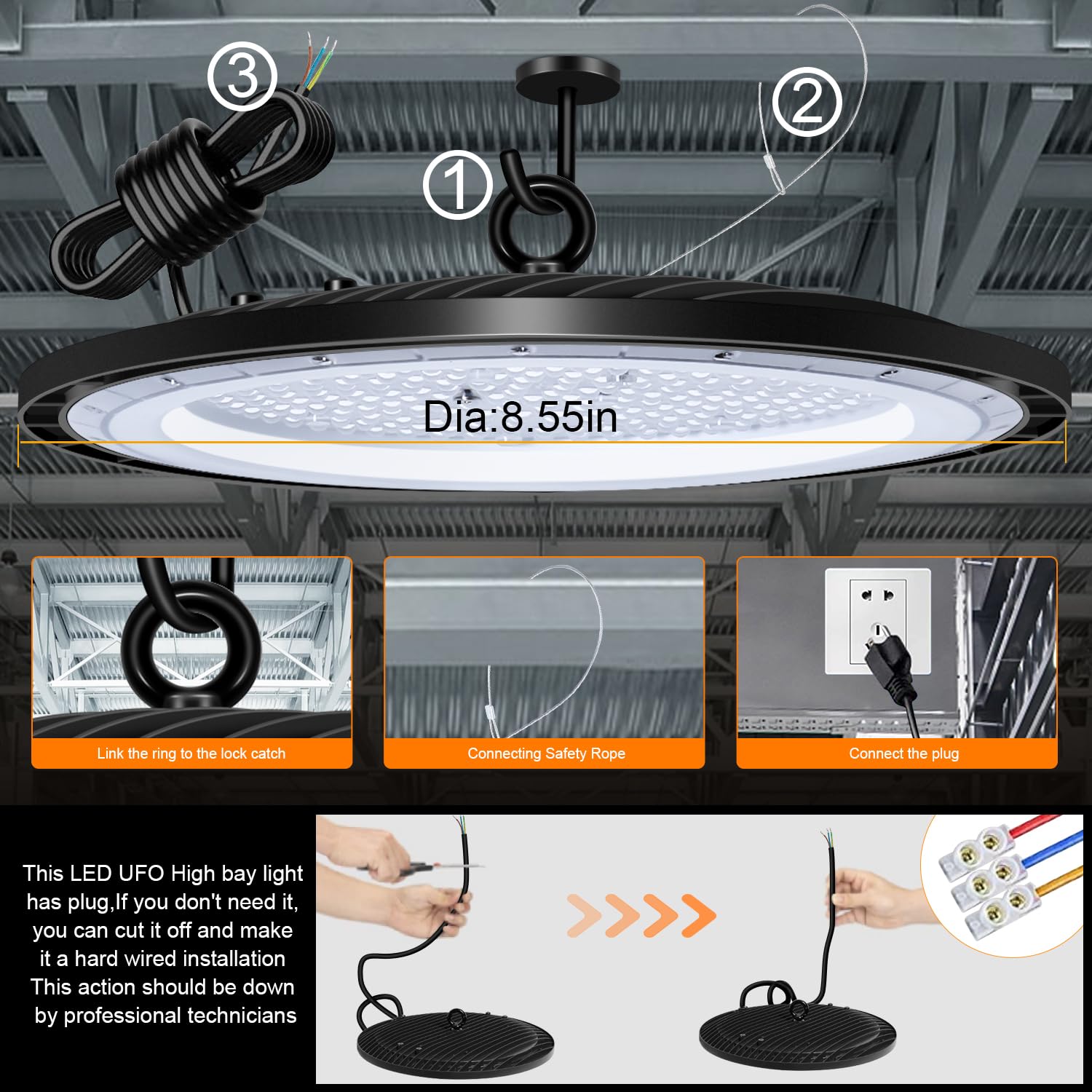BIRITALO 10500LM UFO LED High Bay Light with US Plug Black Shop Lights Hanging IP65 Waterproof 85-265V 5500K 100W Super Bright Garage Ceiling Lighting for Workshop,Warehouse Commercial,Factory