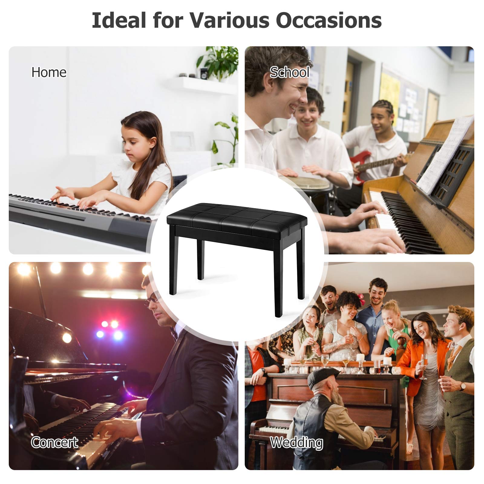 GOFLAME Piano Bench with Padded Cushion and Music Storage, Comfortable Double Duet Seat with PU Leather and Wooden Legs, Perfect for Professional or Home Use (Black)
