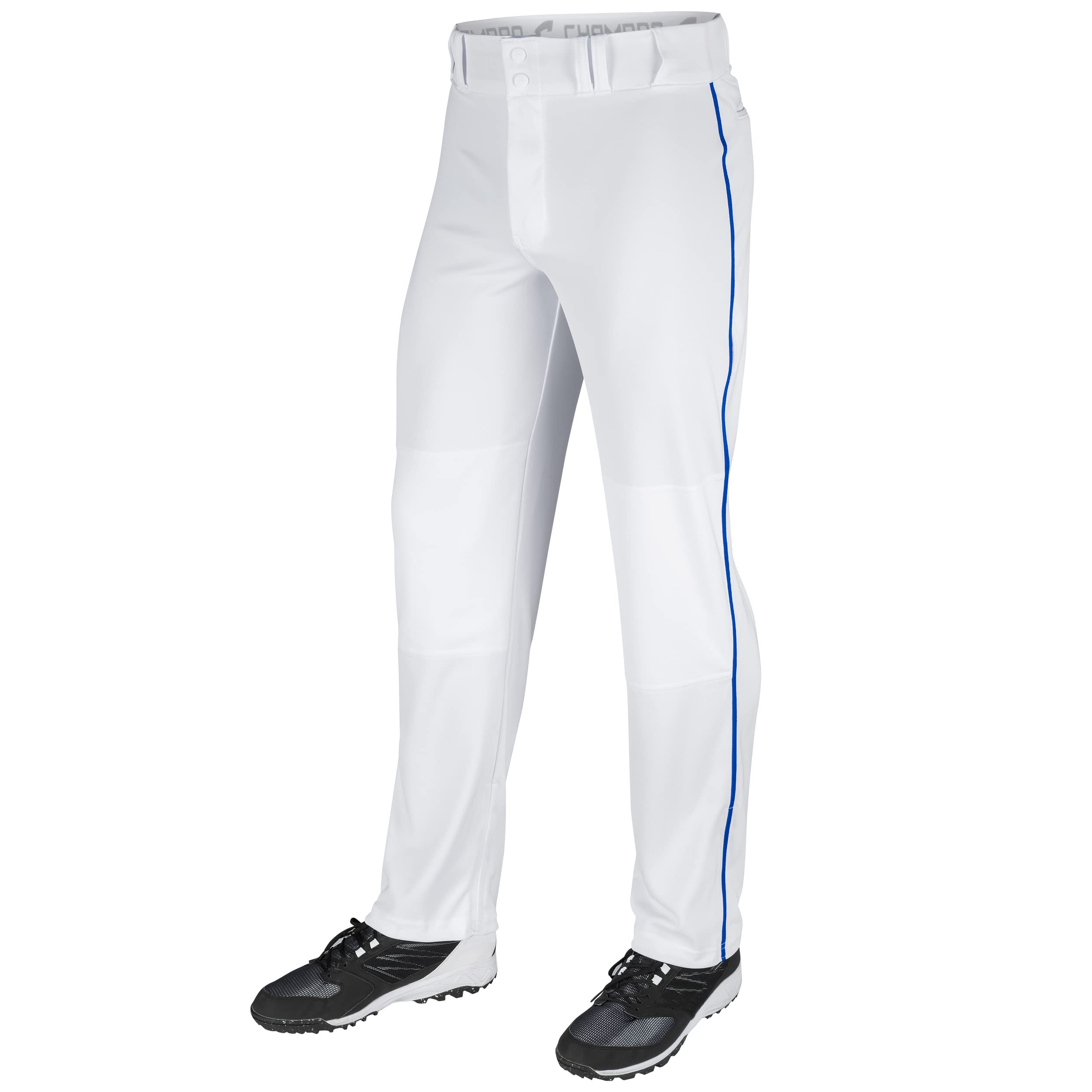 Champro Men's Standard Triple Crown Open Bottom Adult Baseball Pants, White, Royal Pipe, Medium