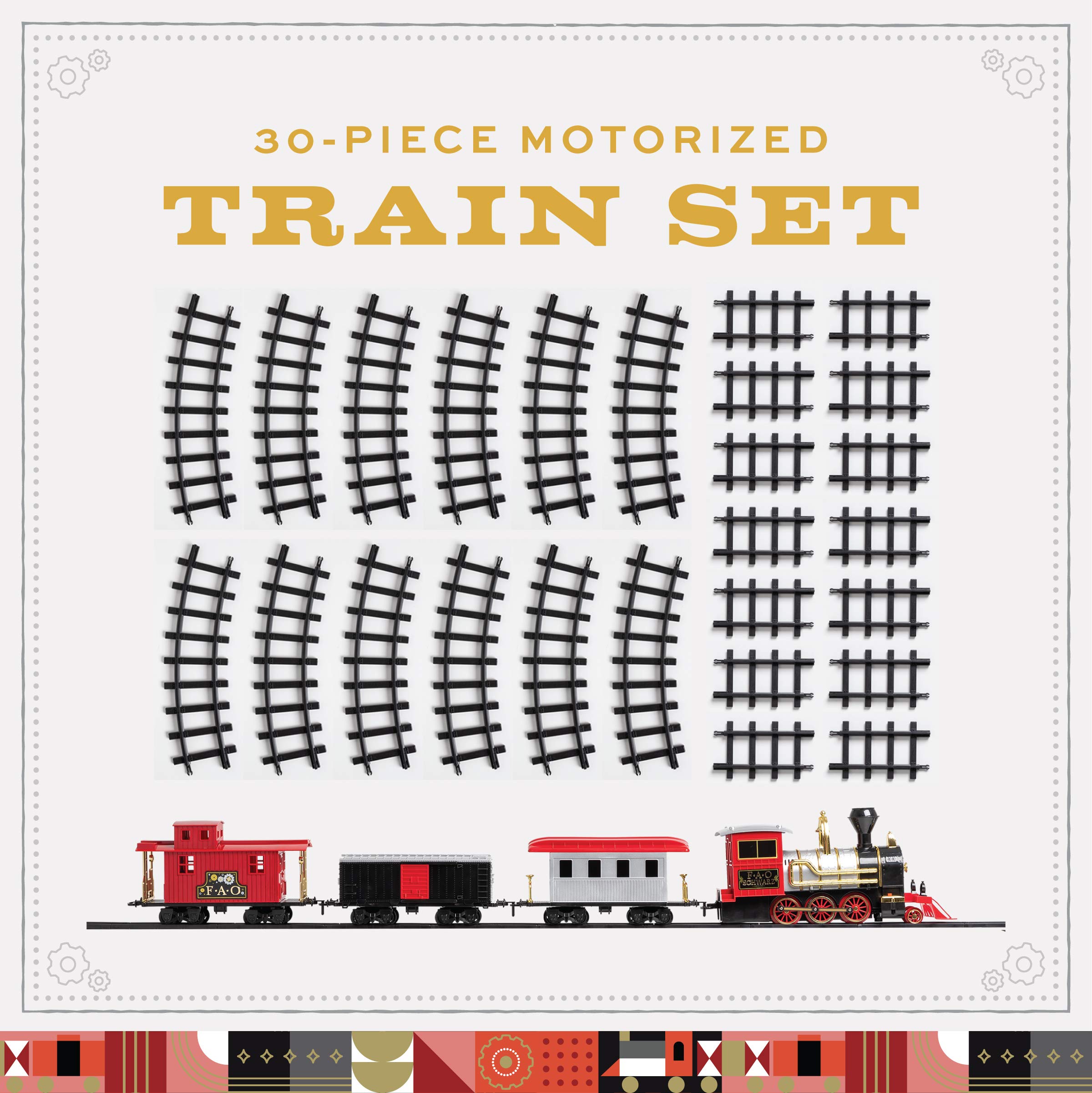 FAO Schwarz 1006832 Classic Motorized Train Set, Complete Toy Set with Engine, Cargo, 18' of Modular Tracks, Red/Black, Pack of 30