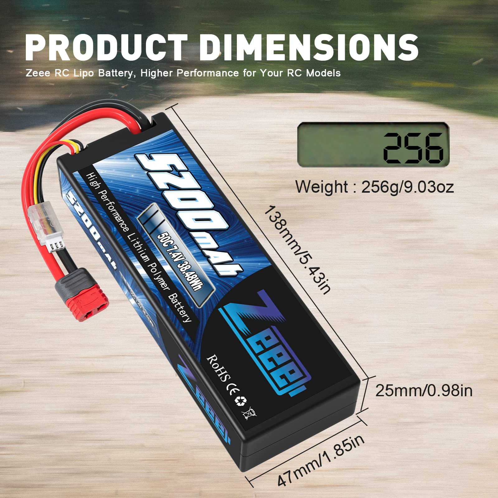 Zeee 2S Lipo Battery 5200mAh 7.4V 50C Deans T Plug with Housing Hard Case Battery for 1/8 1/10 RC Vehicles Car Slash RC Buggy Truggy RC Truck Racing Hobby(2 Pack)