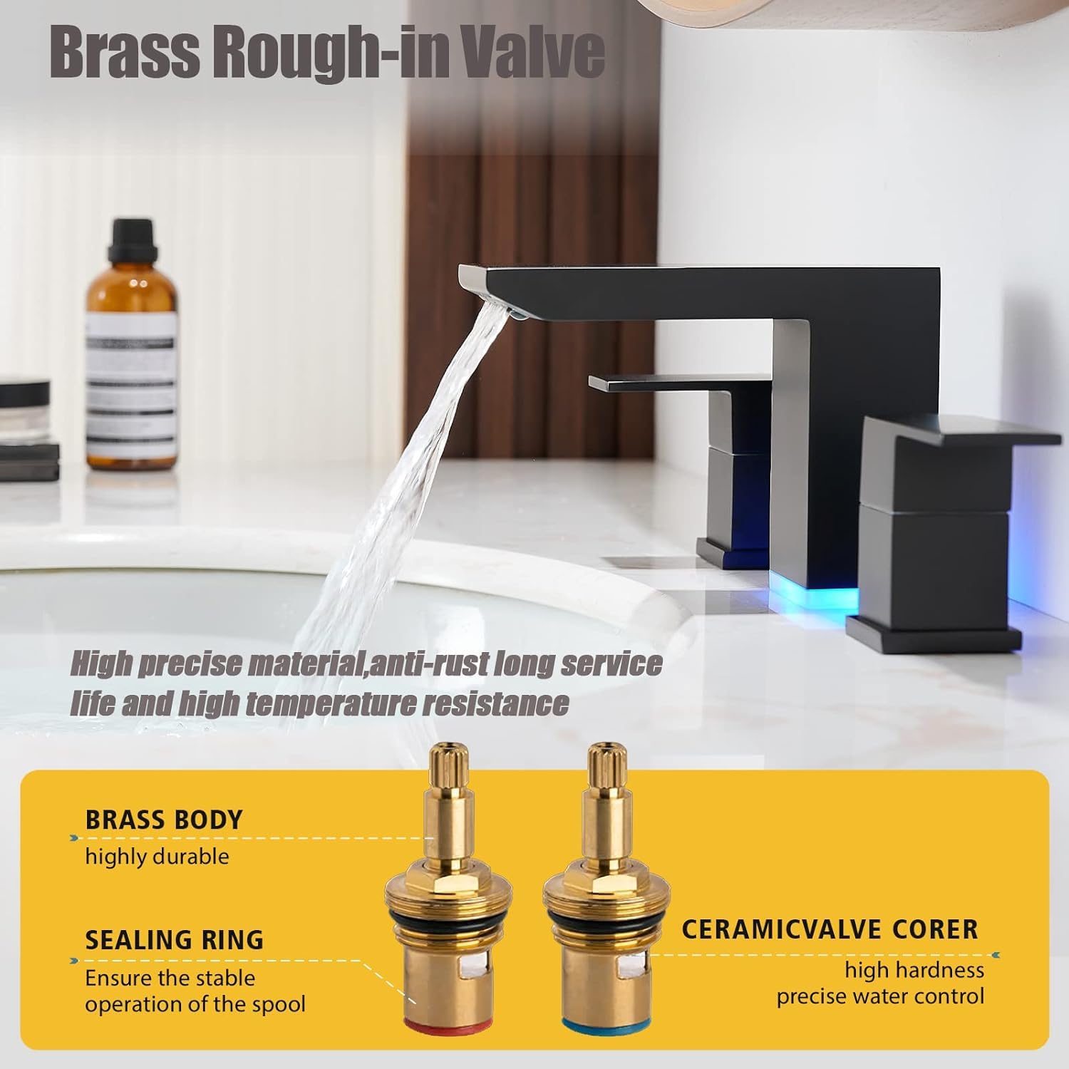 BESy Led 3 Hole Bathroom Sink Faucet, Matte Black Waterfall Wide Spread Bathroom Faucet with 3 Colors Light Changing, Widespread Vanity Faucet 2 Handle with Supply Lines with Pop Up Drain