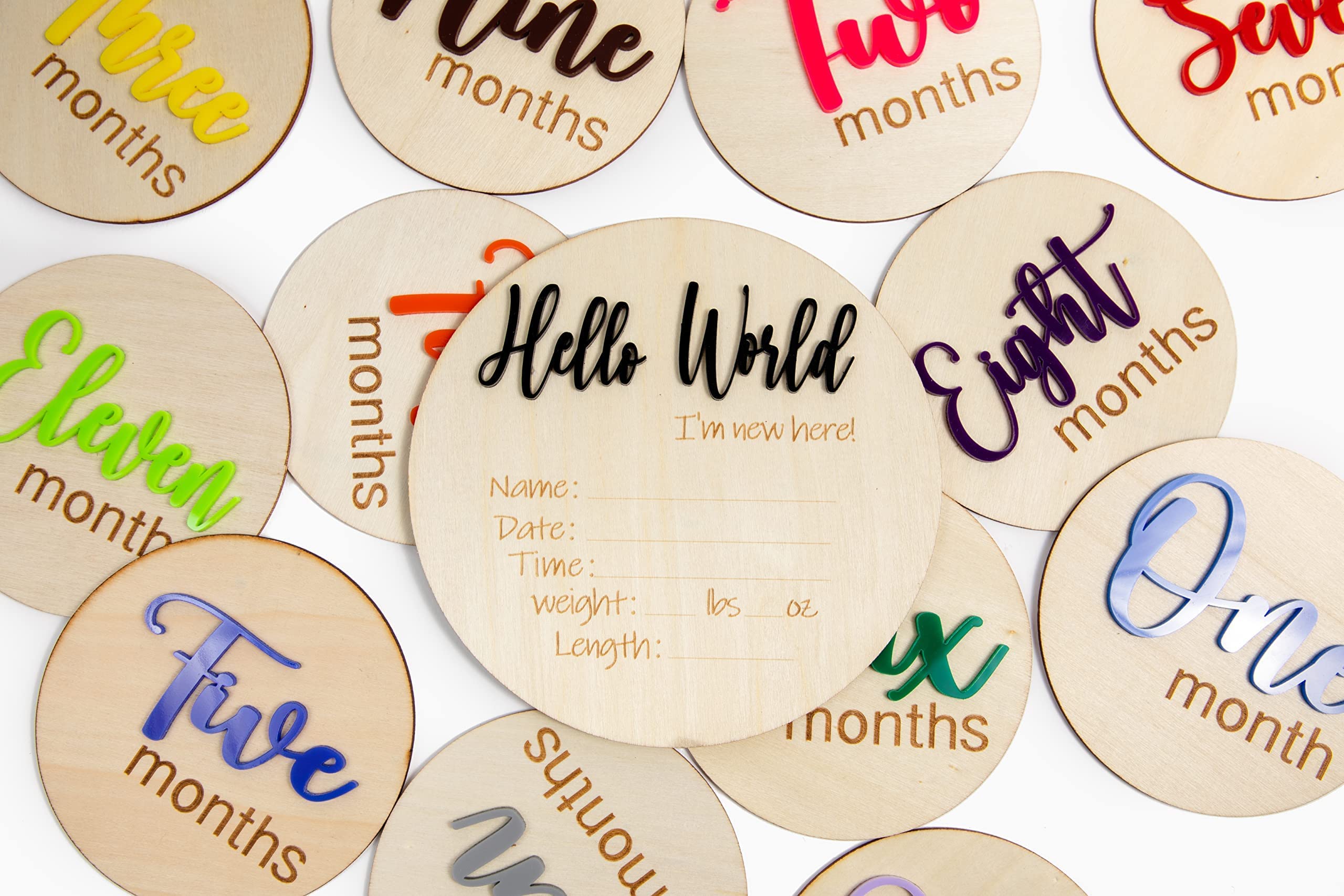 YELLOWBRAND –Premium Baby Monthly Milestone Cards | Colorful Acrylic Wooden Discs | Personalized Photo Props & Cards Set | for Baby Shower, Newborn, Unisex/Gender Neutral, Keepsake Gifts | 14 Pieces