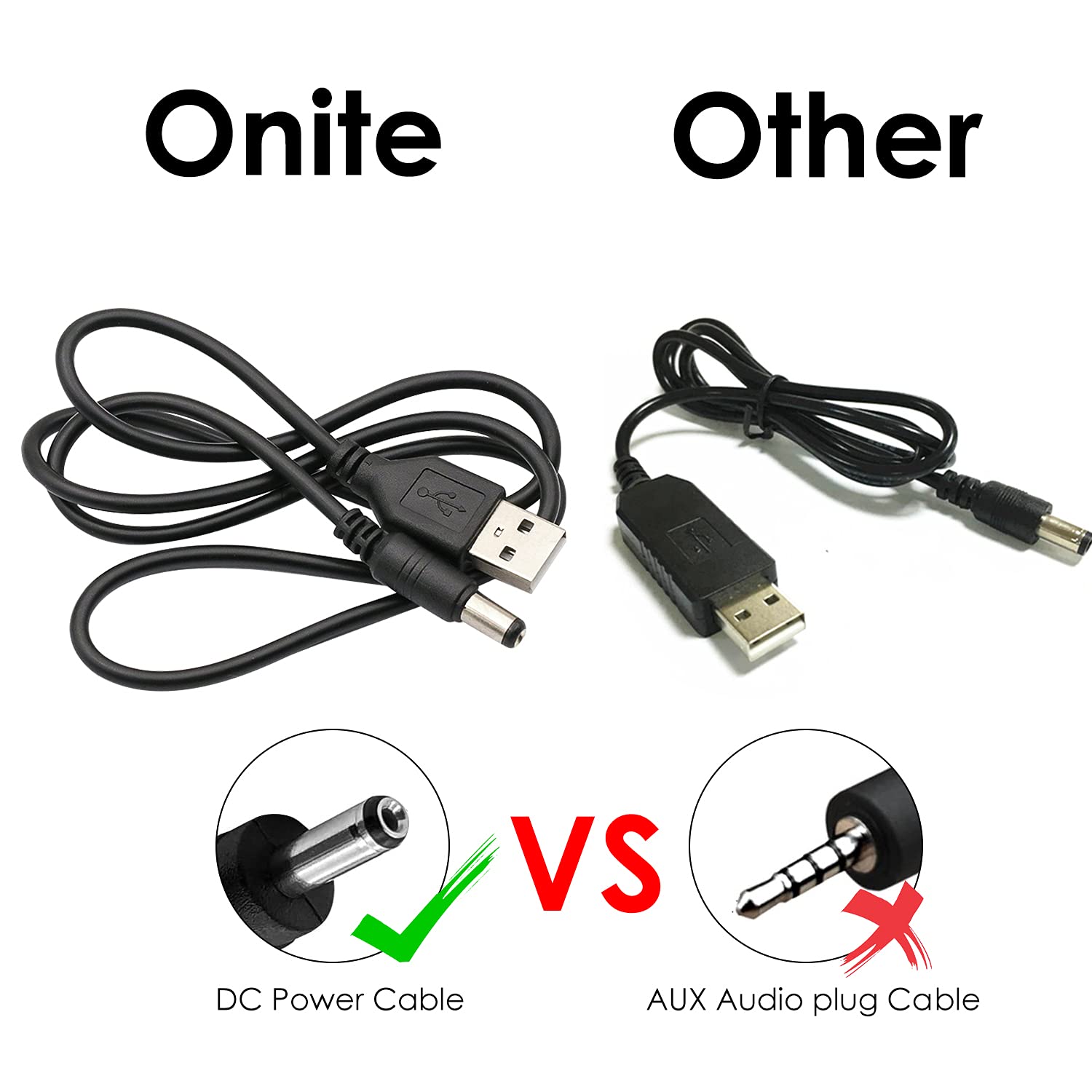 Onite 2pcs USB to DC 5.5x2.1mm Power Cable, 20AWG 3.3ft Barrel Jack Center Pin Positive Charger Cord for Led and Peripheral Products