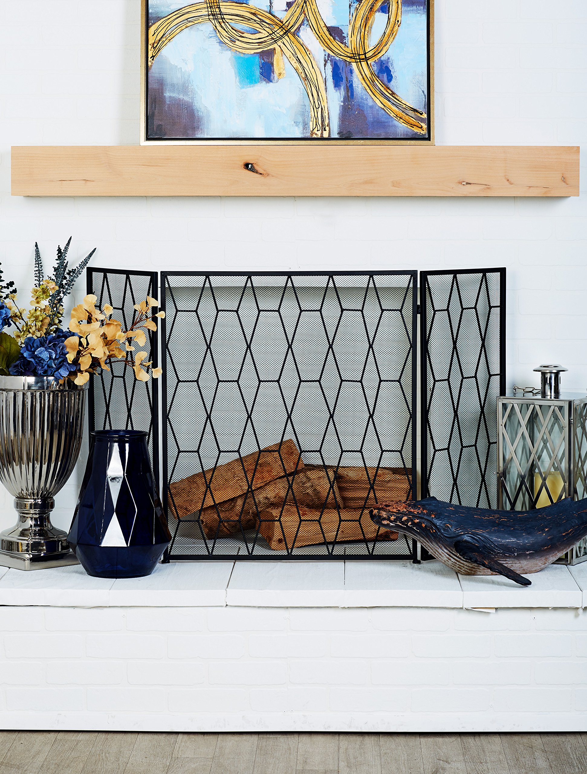 Deco 79 Metal Geometric Foldable Mesh Netting 3 Panel Fireplace Screen, 51" x 1" x 31", Black