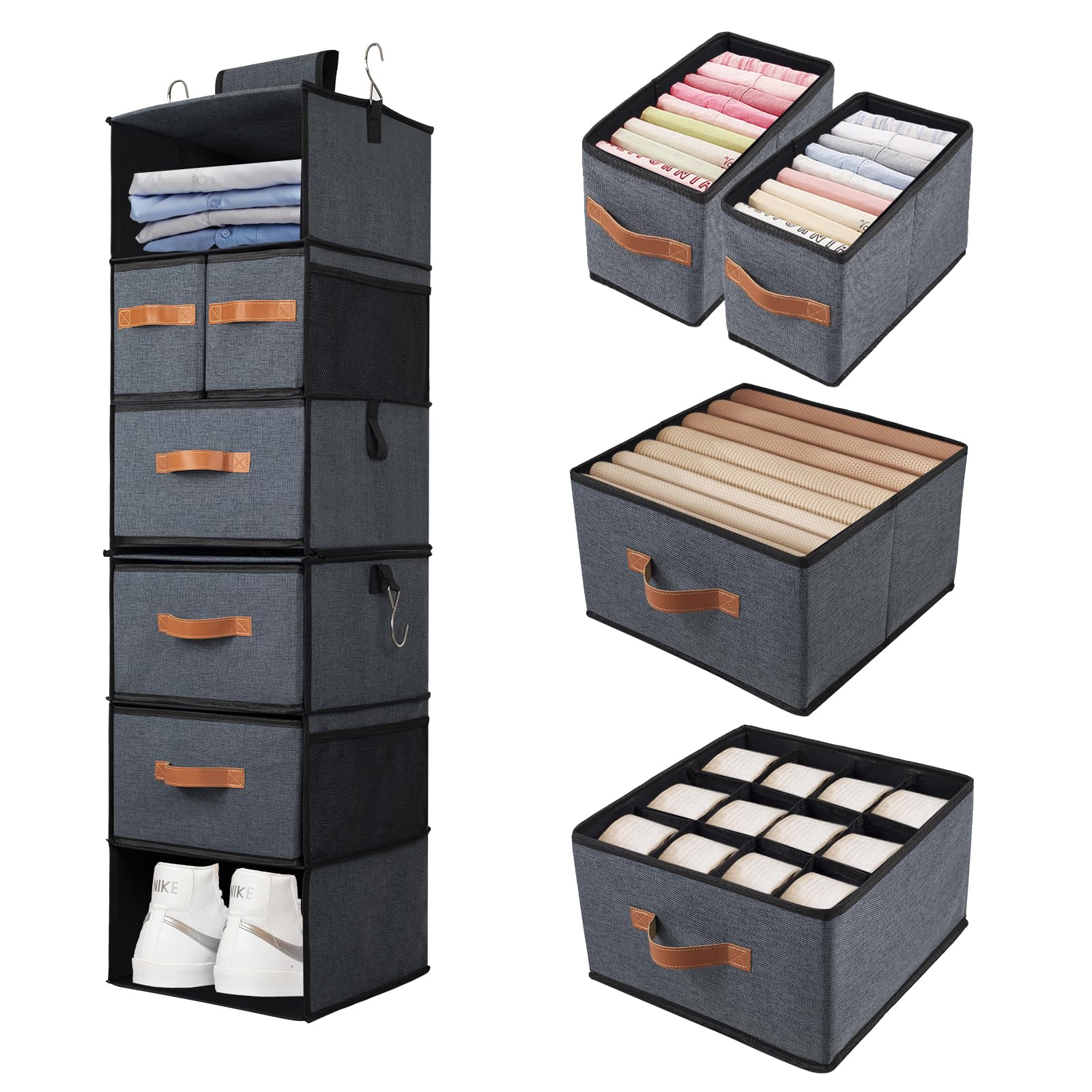 BinWhiz 12.6x12.6x44.1 Inch Hanging Closet Organizer and Storage Shelves, 6-Tier Shelf Clothes Organizers Bins with Drawers and Hooks for Closet Wardrobe Organization and Storage - Gray