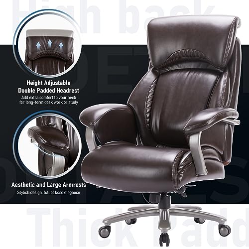 Big and Tall Office Chair 500lbs-Heavy Duty Ergonomic Computer Chair with Extra Wide Seat, High Back Executive Large Desk Chair with Thick Seat and Tilt Rock, Adjustable Lumbar Support-Brown