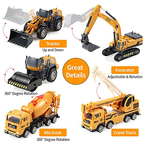 DOLIVE Construction Site Vehicles Toy with Mat, Crane Toy Tractor, Tower Crane Truck, Dump Trucks, Excavator, Cement Mixer Trucks, Kids Engineering Playset for 3+ Year Olds Boys Girls