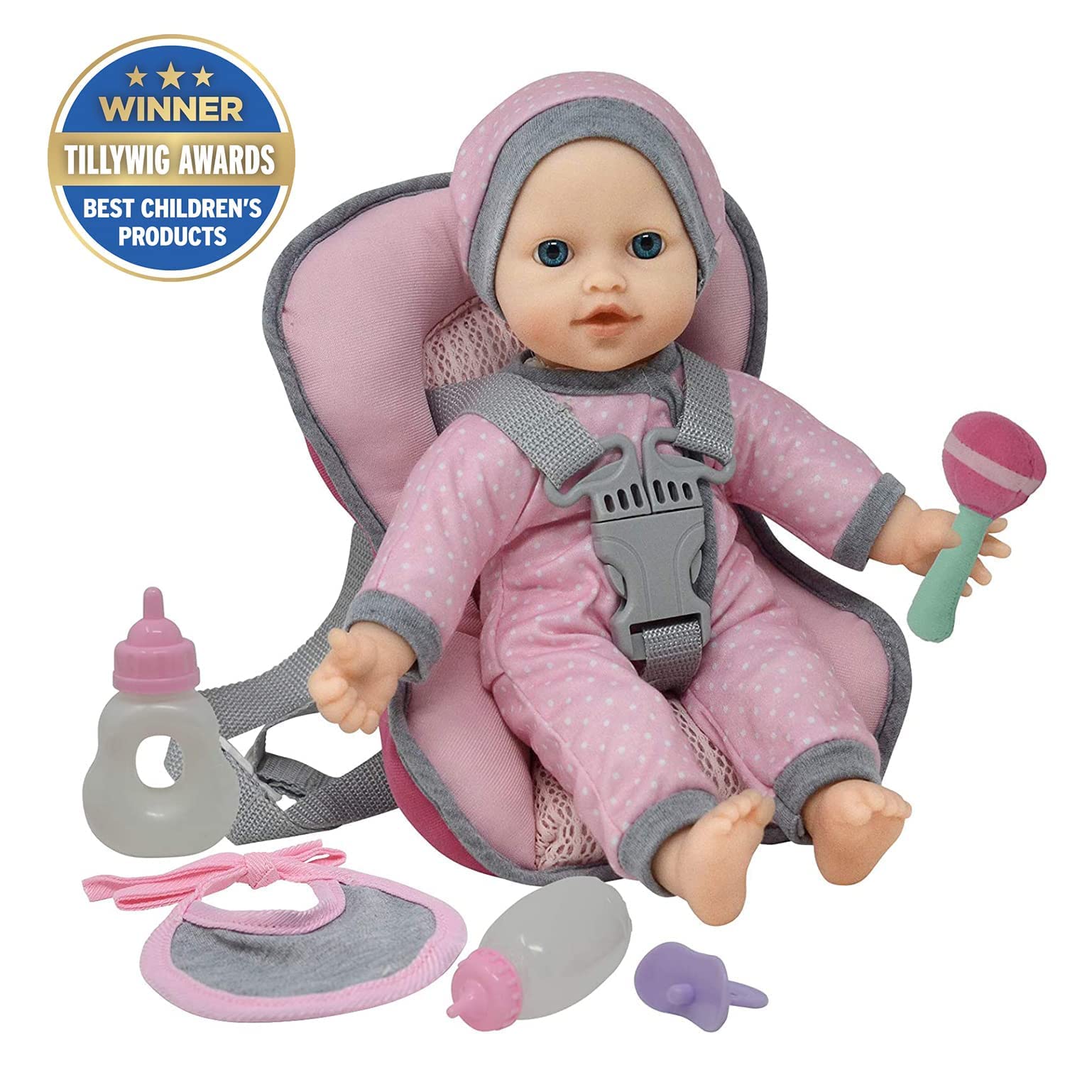 Doll Travel PlaySet - Baby Doll Car Seat Carrier Backpack with 12 Inch Soft Body Doll Includes Doll Bottles and Toy Accessories … (Caucasian)