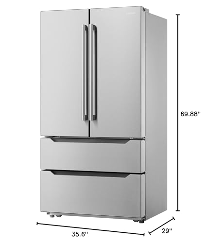 Cosmo FDR225RHSS-G 36 in Double French Door Refrigerator | Energy Efficient Fridge with 2 Drawer Bottom Freezer & Built-In Automatic Ice Maker/Chest, 22.5 cu. ft. Storage Capacity - Stainless Steel