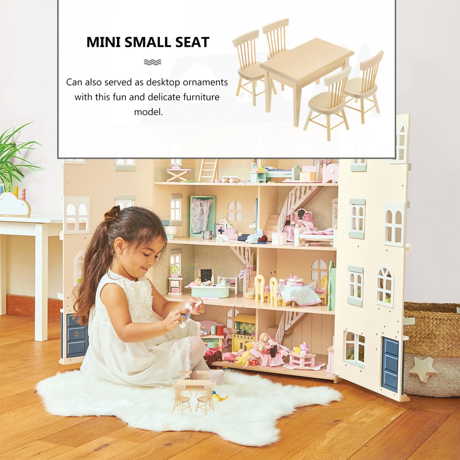 Dollhouse Miniature Dining Table Chair Wooden Furniture Set Miniature Figurines for Kids Decor Ornament Dark Red