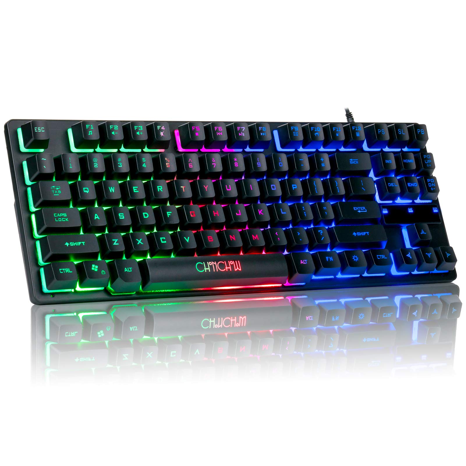 CHONCHOW White Rainbow LED , USB Wired Small Compact White Gaming Keyboard with Rainbow Backlight, 87-Key Mechanical Feeling for PC Laptop Xbox PS4 PS5