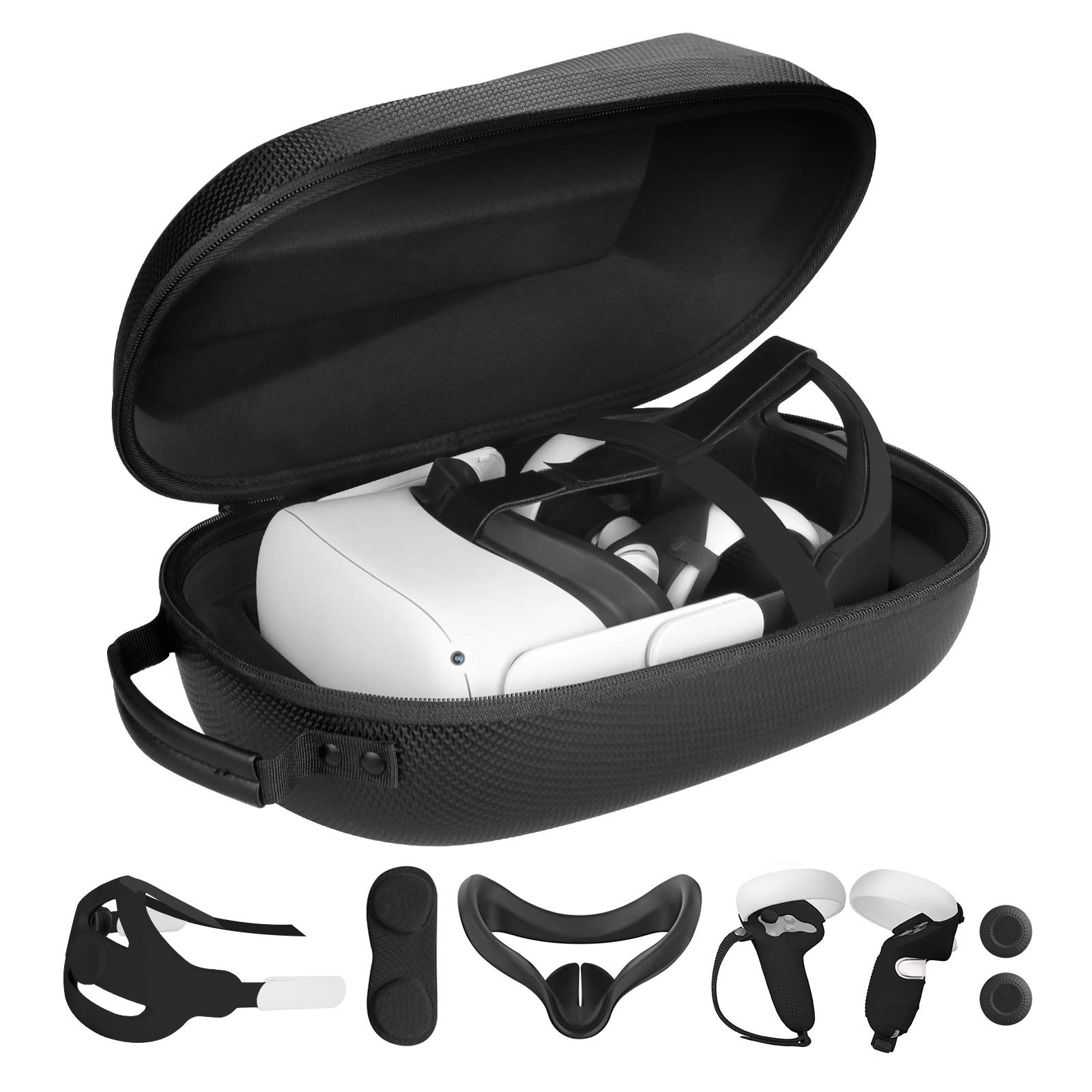 Esimen Carrying Case for Oculus Quest 2 with Head Strap - Hard Protection Case and Lightweight Travel Case with Starter Kit, Face Cover, and Silicone Controller Cover(Black Case Set Accessories)