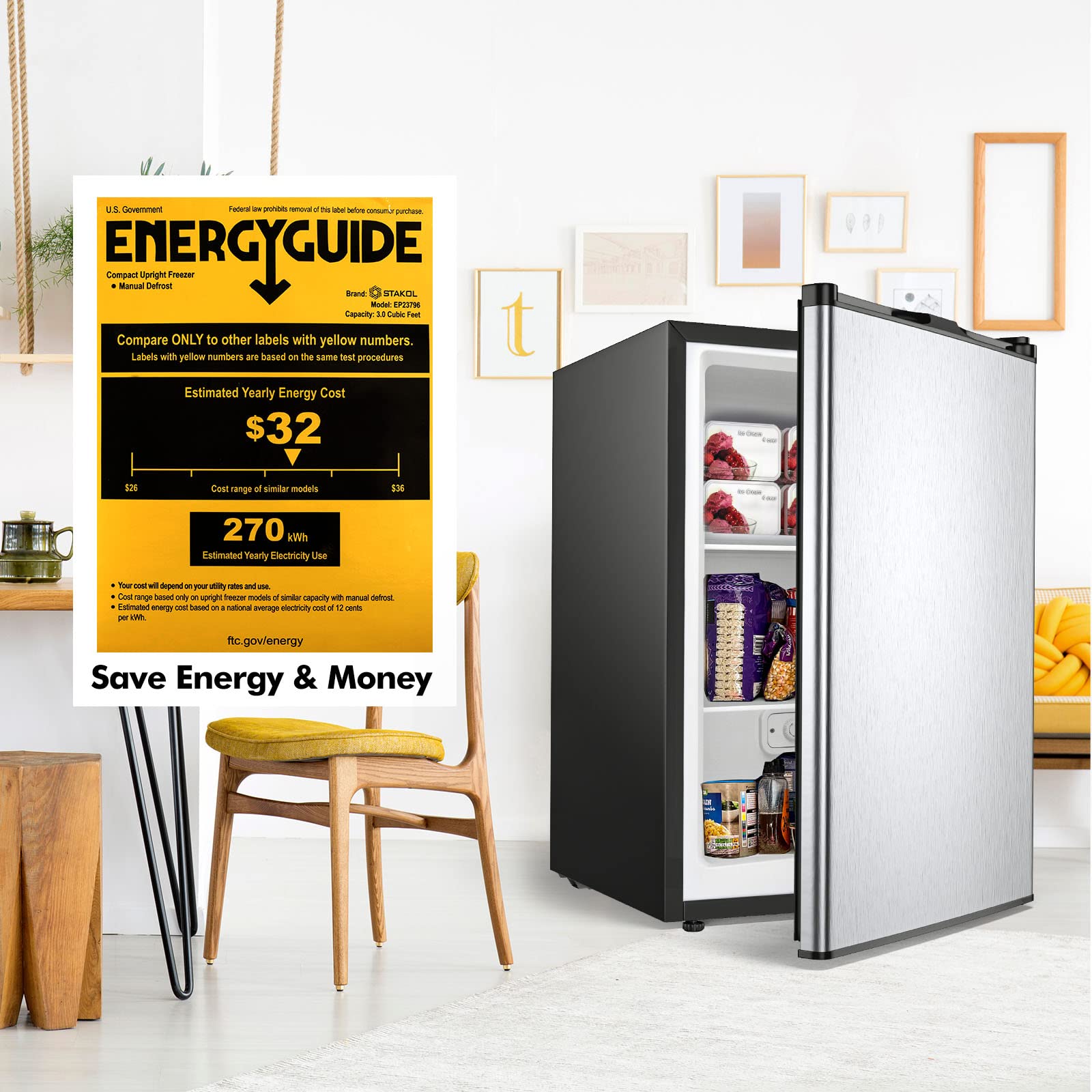 COSTWAY EP23796 Mini Size with Stainless Steel 3.0 CU FT Capacity-Adjustable Compact Single Door Upright Freezer, Gray+Black