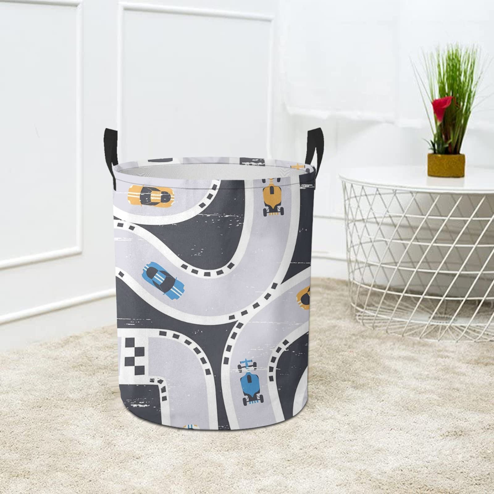 Storage Basket,Blue Race Racing Cars Yellow Boy Children Baby,Collapsible Large Laundry Hamper with Handles for Home Office 17.32"X13.58"