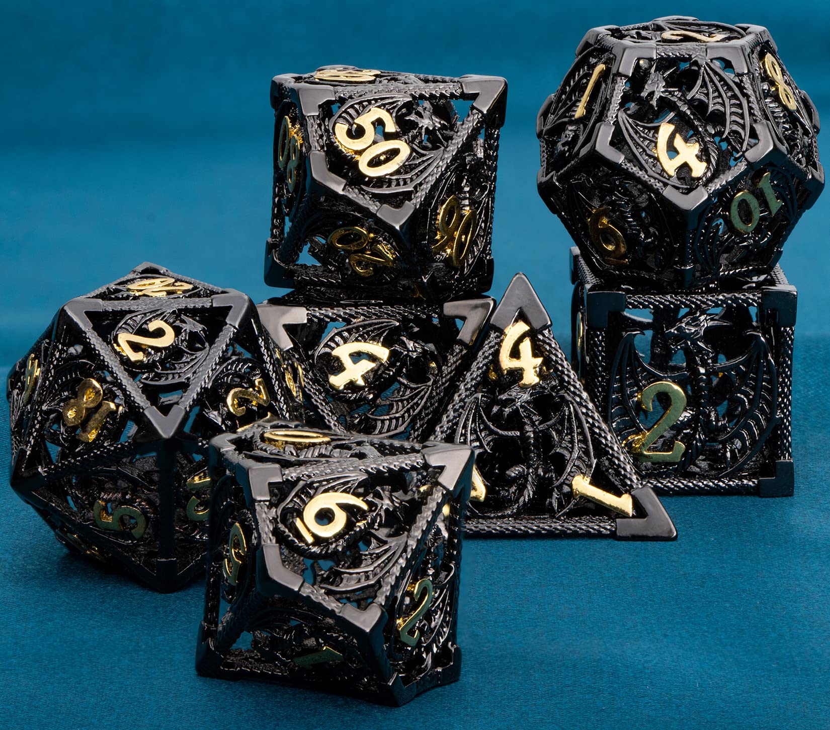 ARUOHHA Hollow DND Metal Dice Set Black Gold Dungeons and Dragons Dice D and D Dice Role Playing Games D+D Polyhedral Dice 7PCS RPG D&D Dice with Gift Box D20 D12 D10 D8 D6 D4