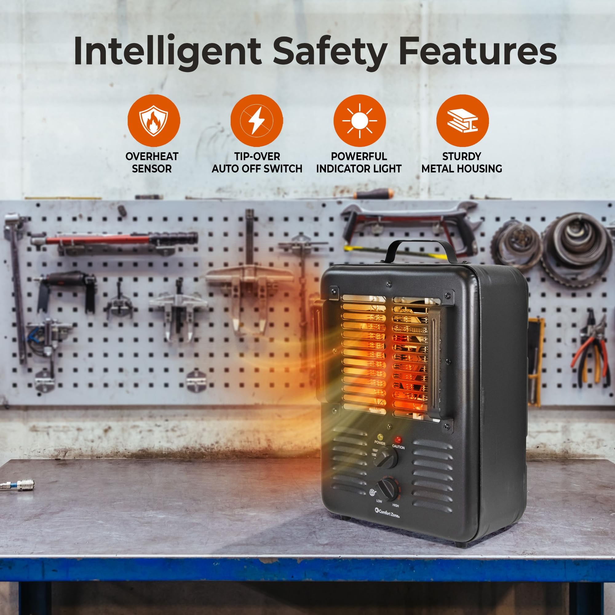 Comfort Zone Electric Portable Utility Space Heater with Adjustable Thermostat, Overheat Protection, & Tip-Over Switch, 1500W, CZ799BK