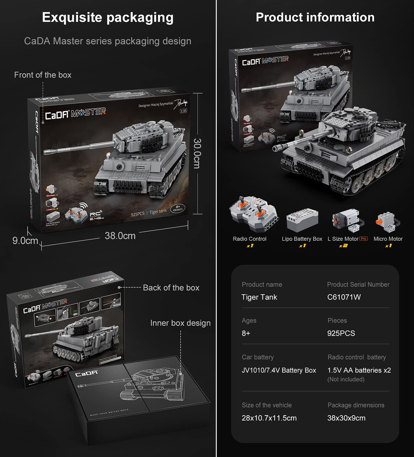dOMOb Tiger WWII German Tank Building Kit – 2.4G Remote Control Battle Army Build Set – 1:35 RC Tank Model – CaDA Bricks Toy for 14+ Kids & Adults – 925 Building Blocks – for Boys, Hobbyist, Collector