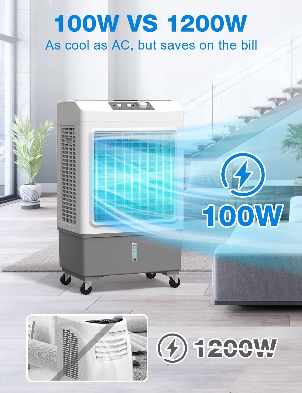 Evaporative Cooler - AOLOS Windowless Air Conditioner w/ 3 Speeds, Swamp Cooler for Cooling Up to 700 Sq.ft, 5 Gallon Tank & 4 Ice Packs, 60° Swing, Evaporative Air Cooler for Backyard Garage Outdoor