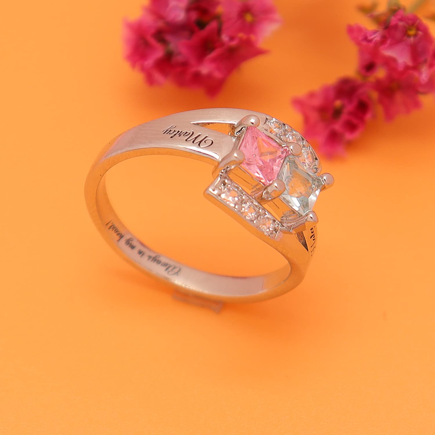 AREH Personalized Mothers Ring with 2 Princess-Cut Birthstones Custom Engraved Names Engagement Rings for Women