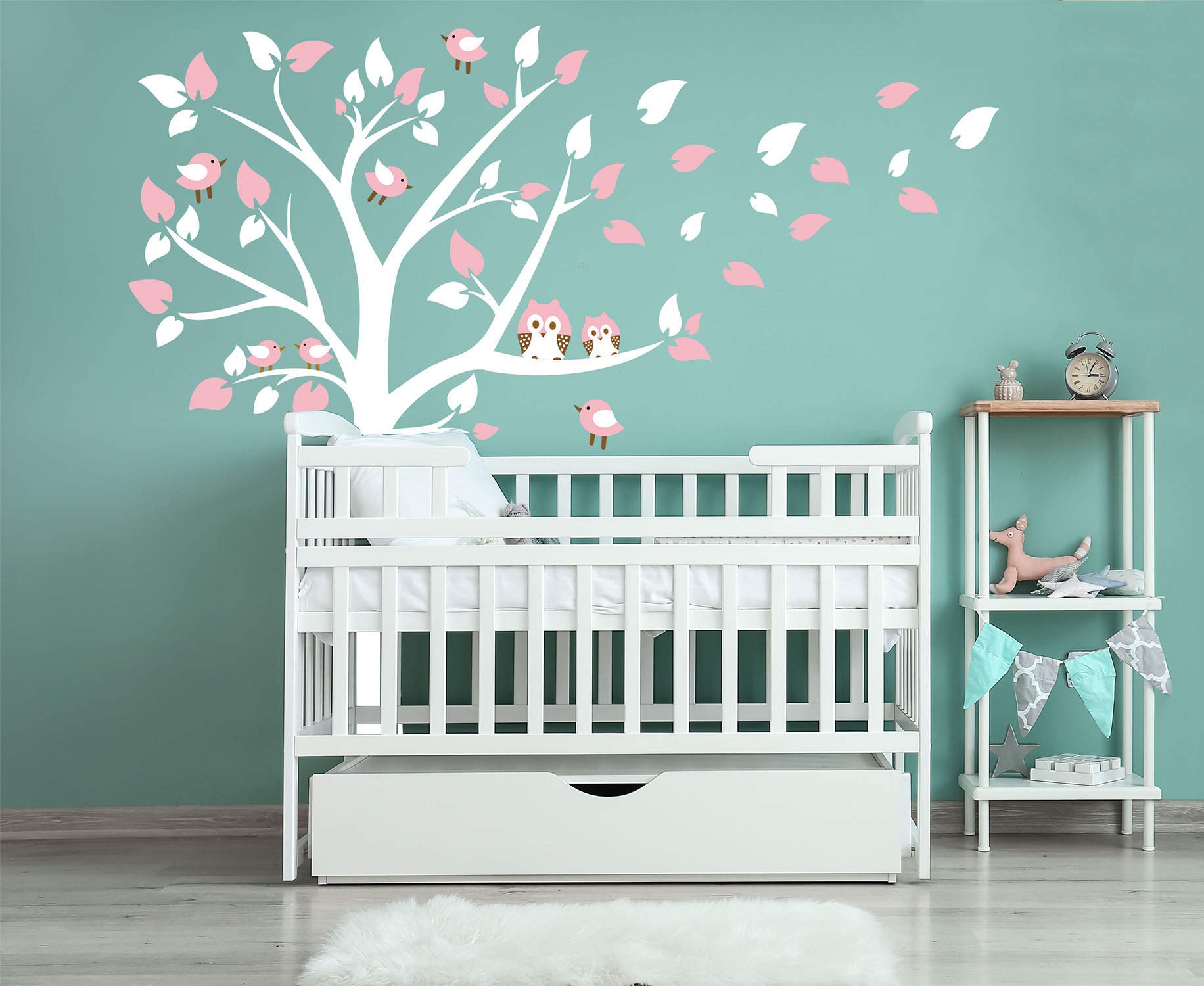 LUCKKYY Cute Owls with Birds Stand on The Tree Wall Decals Tree Wall Decals Tree Wall Sticker for Kid Baby Nursery Room (87x78") (Pink.)
