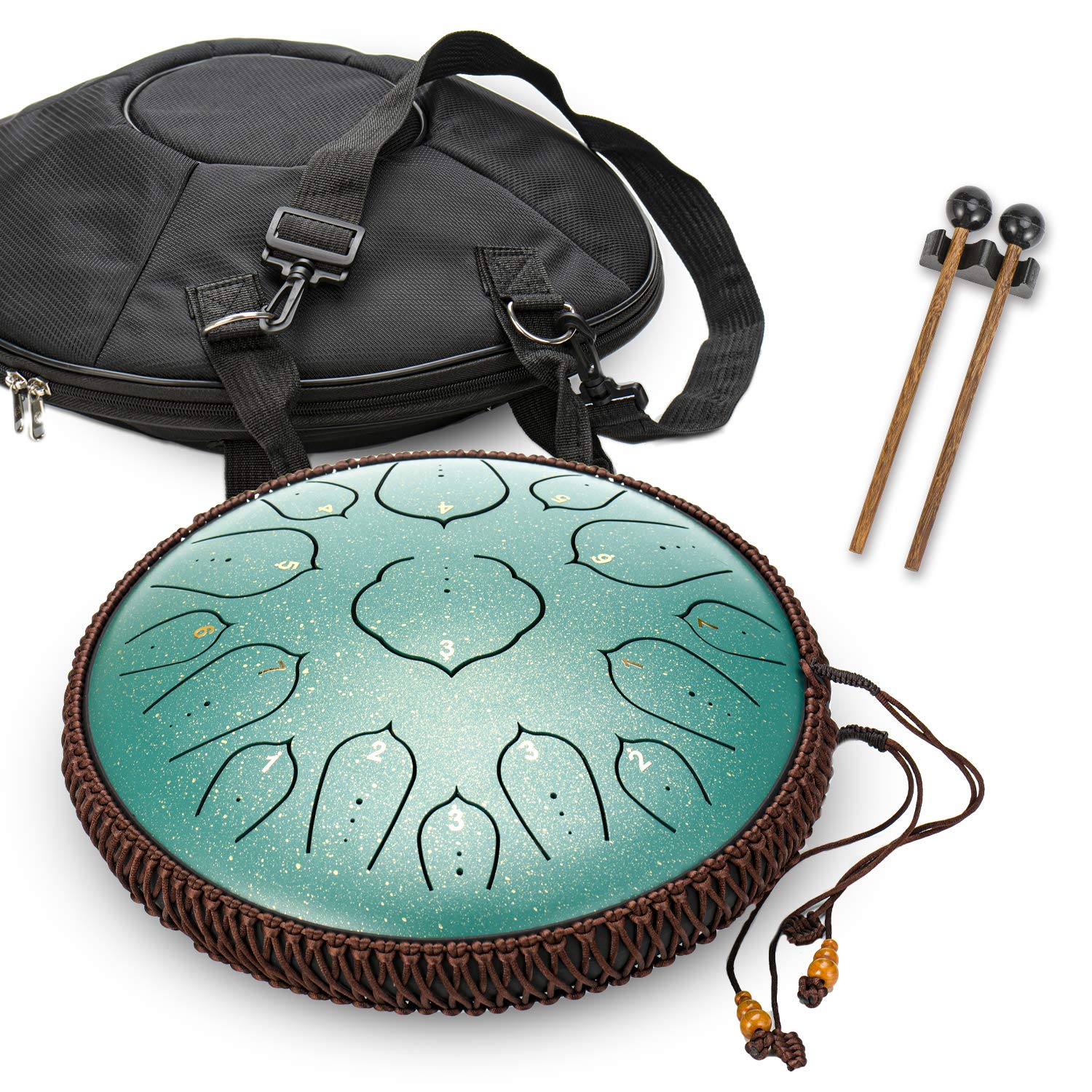 Green 15 Notes 14 Inches Steel Tongue Drum | Wide Range Steel Drum with Carrying Bag & Mallets | Tank Drum for Healing | Random Color | Ideal for Stress Relief and Meditation, Gift Idea