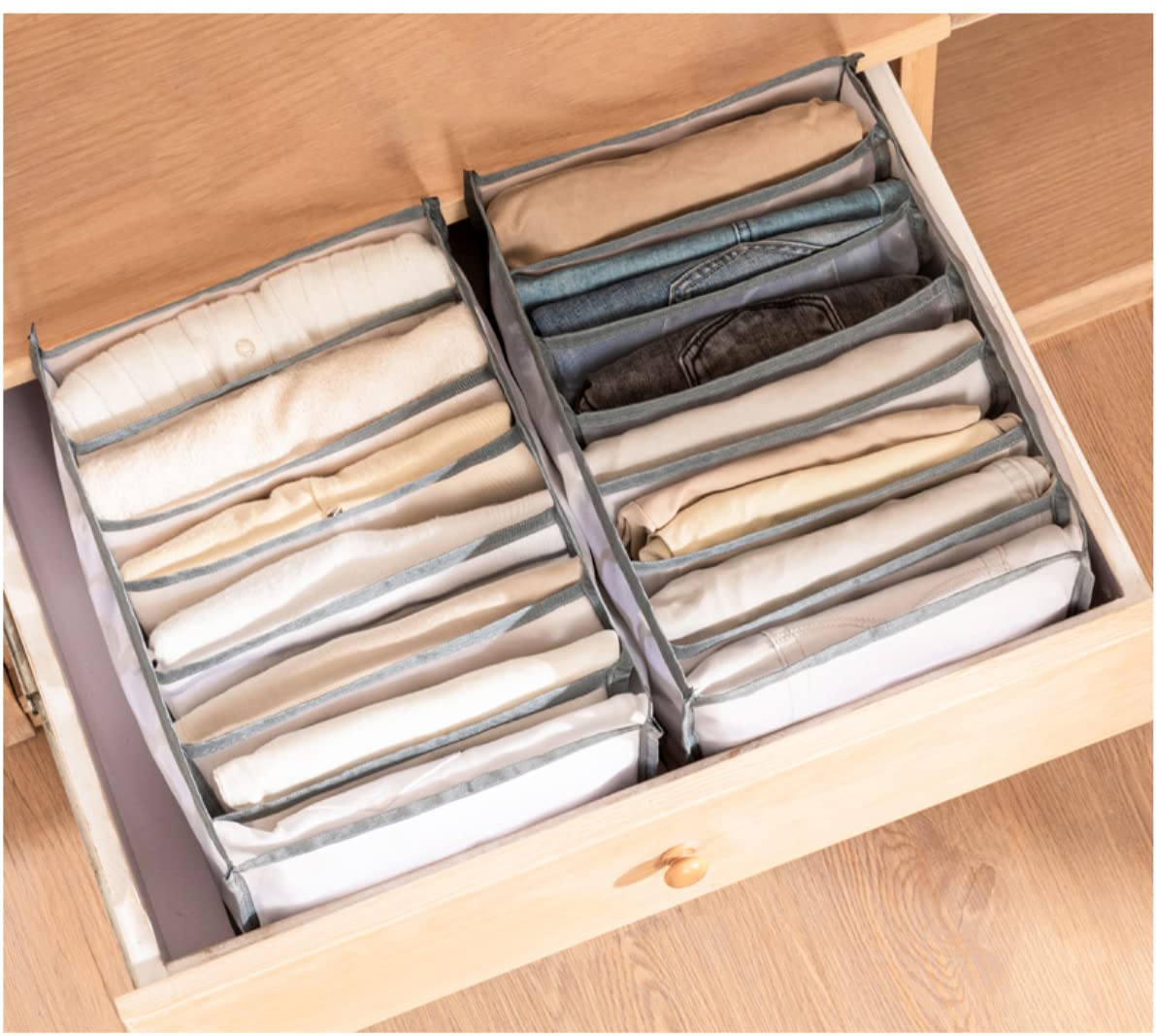 LAND CAST 2Pcs Wardrobe Clothes Organizer, 7Grid Washable Jeans Compartment Storage Box Foldable Closet Drawer Organizer Separation Box Clothes Storage bag for Pants Dress T-shirt Legging (Green, Jeans Grid)